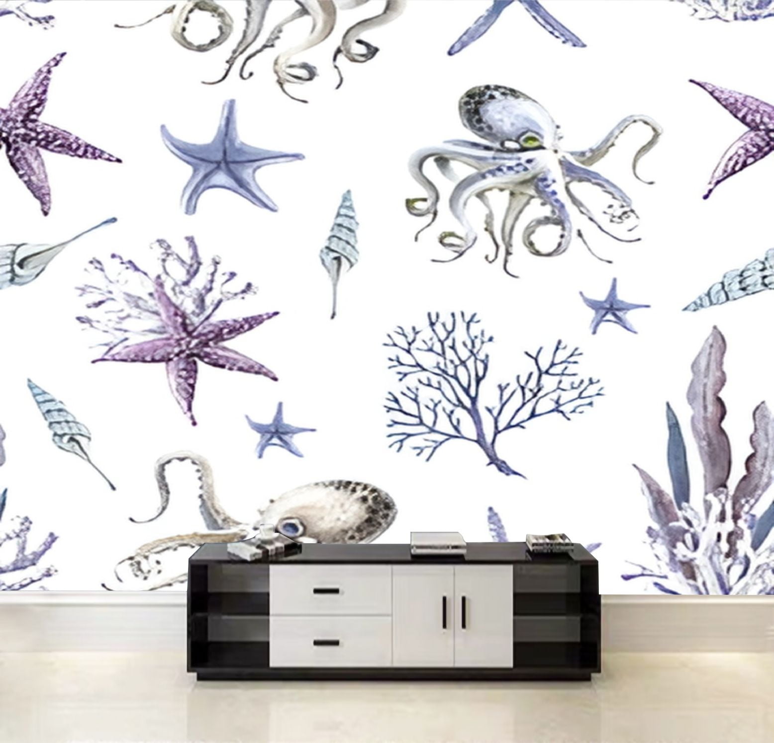 Peel and Stick Wallpaper pattern starfishes octopuses watercolor marine ...