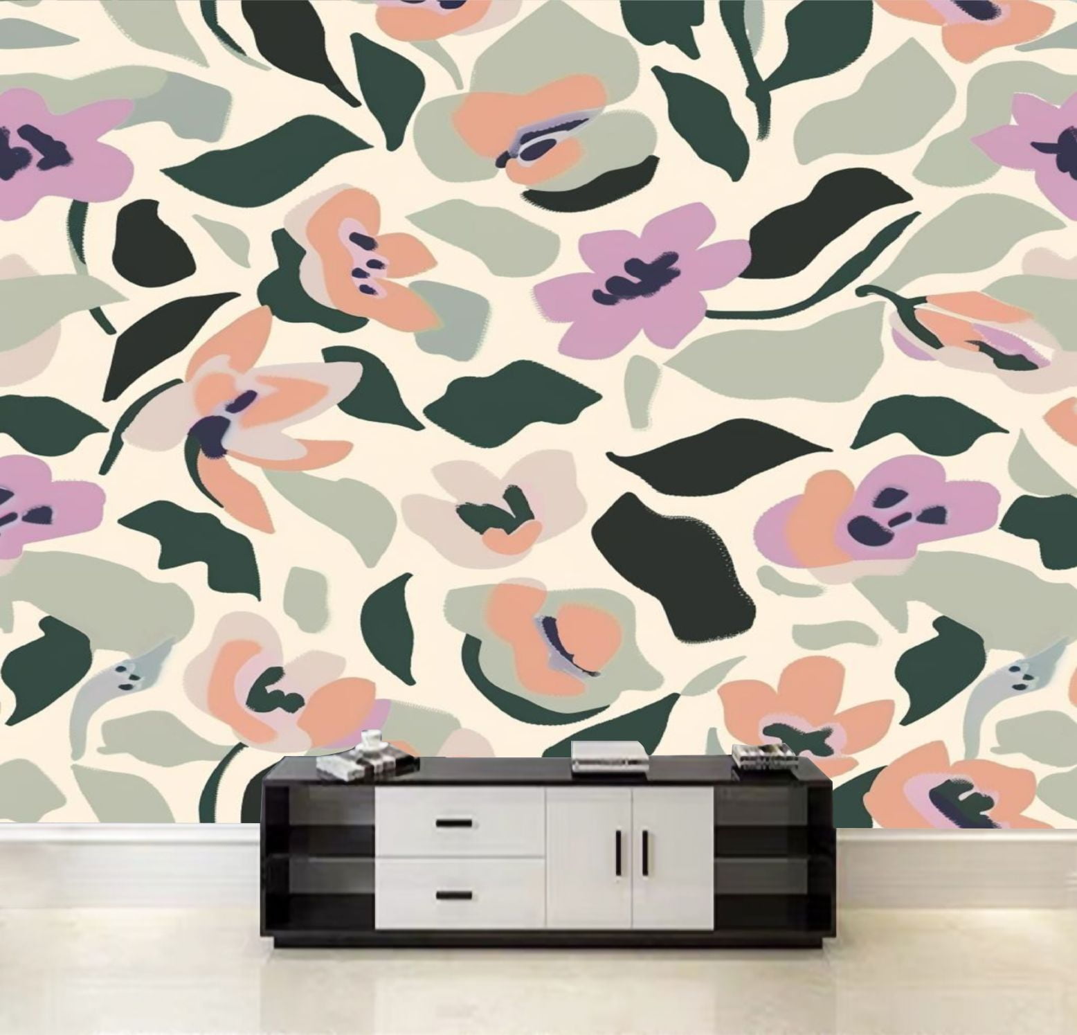 Peel and Stick Wallpaper retro color flower motif seamless repeat ...