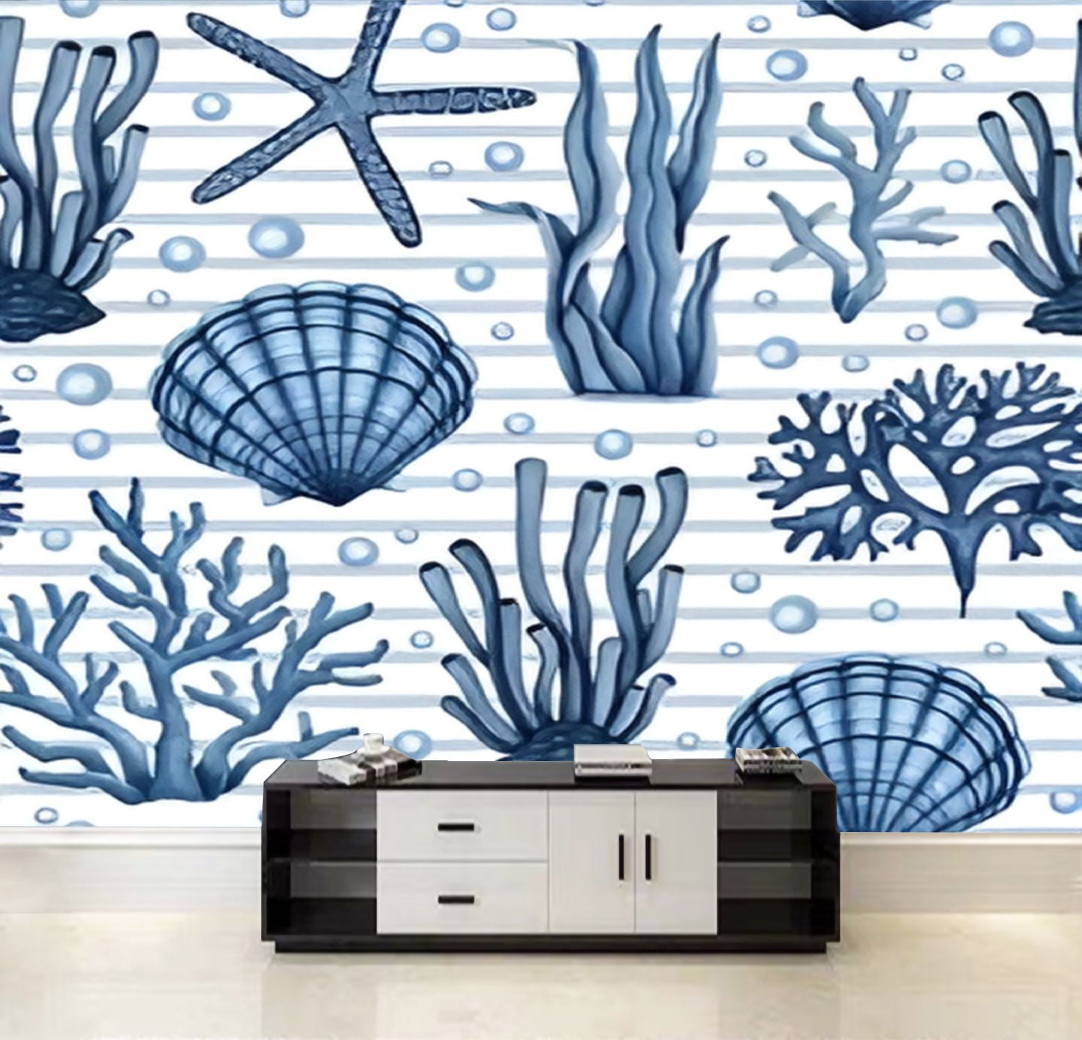 Peel and Stick Wallpaper seamless pattern Watercolor blue Starfish ...