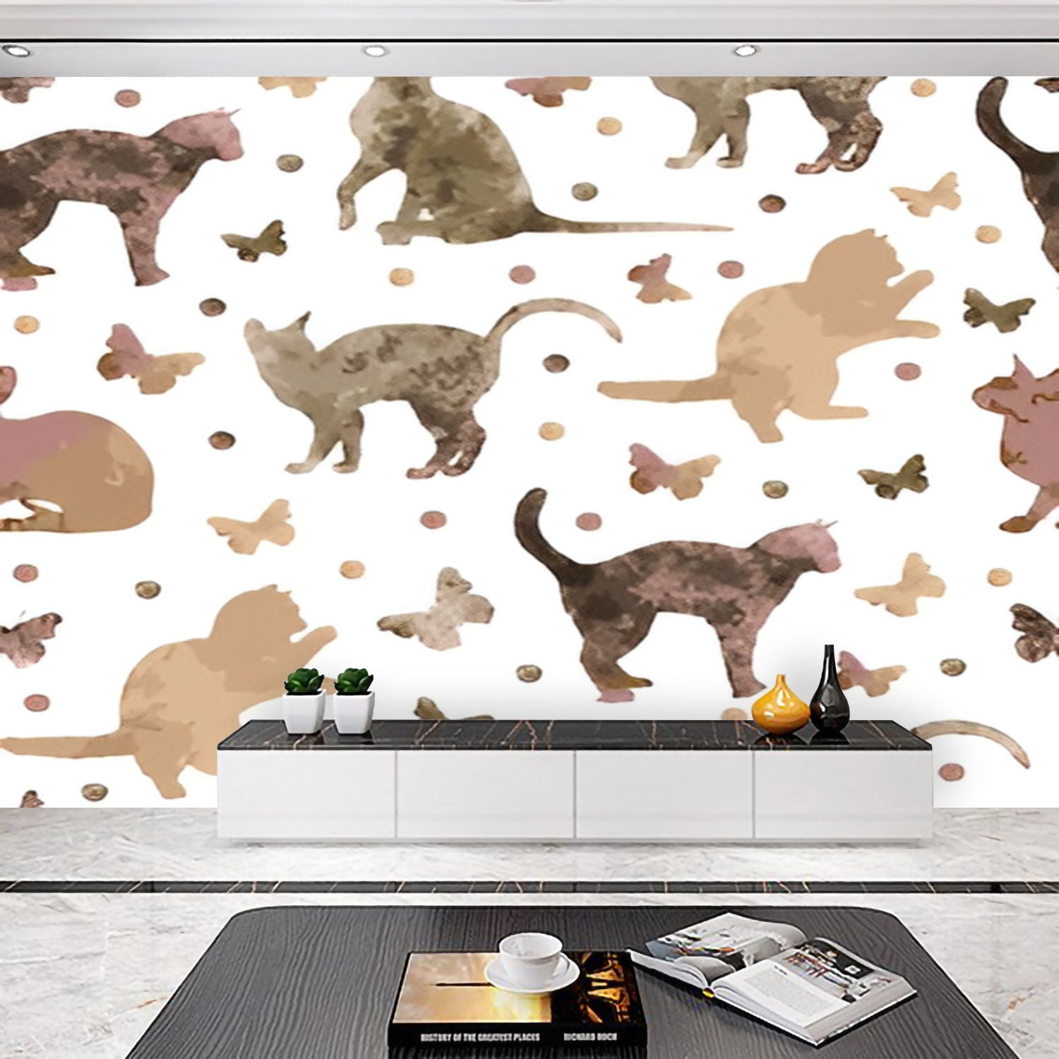 Peel and Stick Wallpaper seamless pattern cute coffee cats butterflies ...
