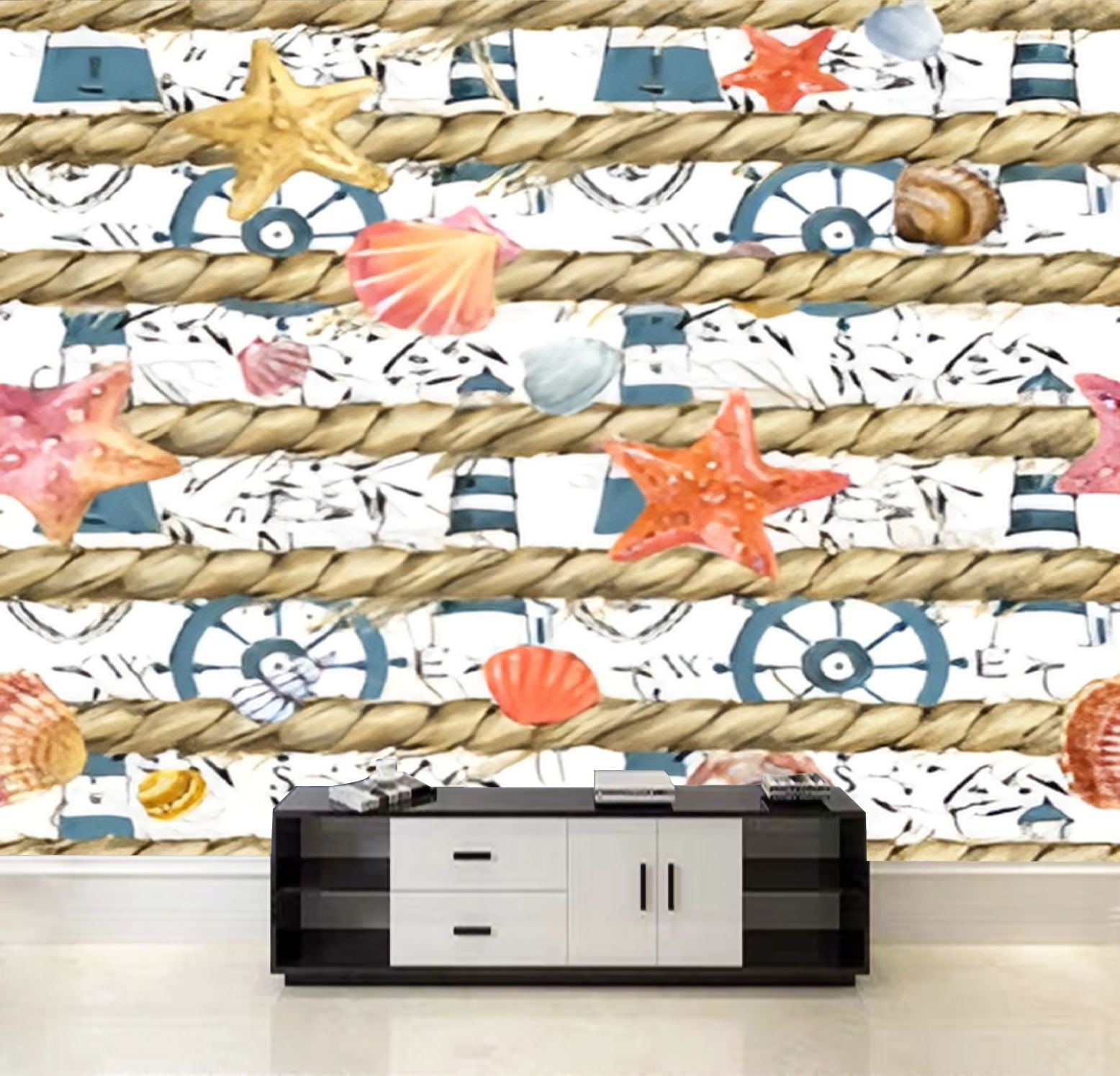 Peel and Stick Wallpaper seamless pattern seashells starfish Lighthouse ...