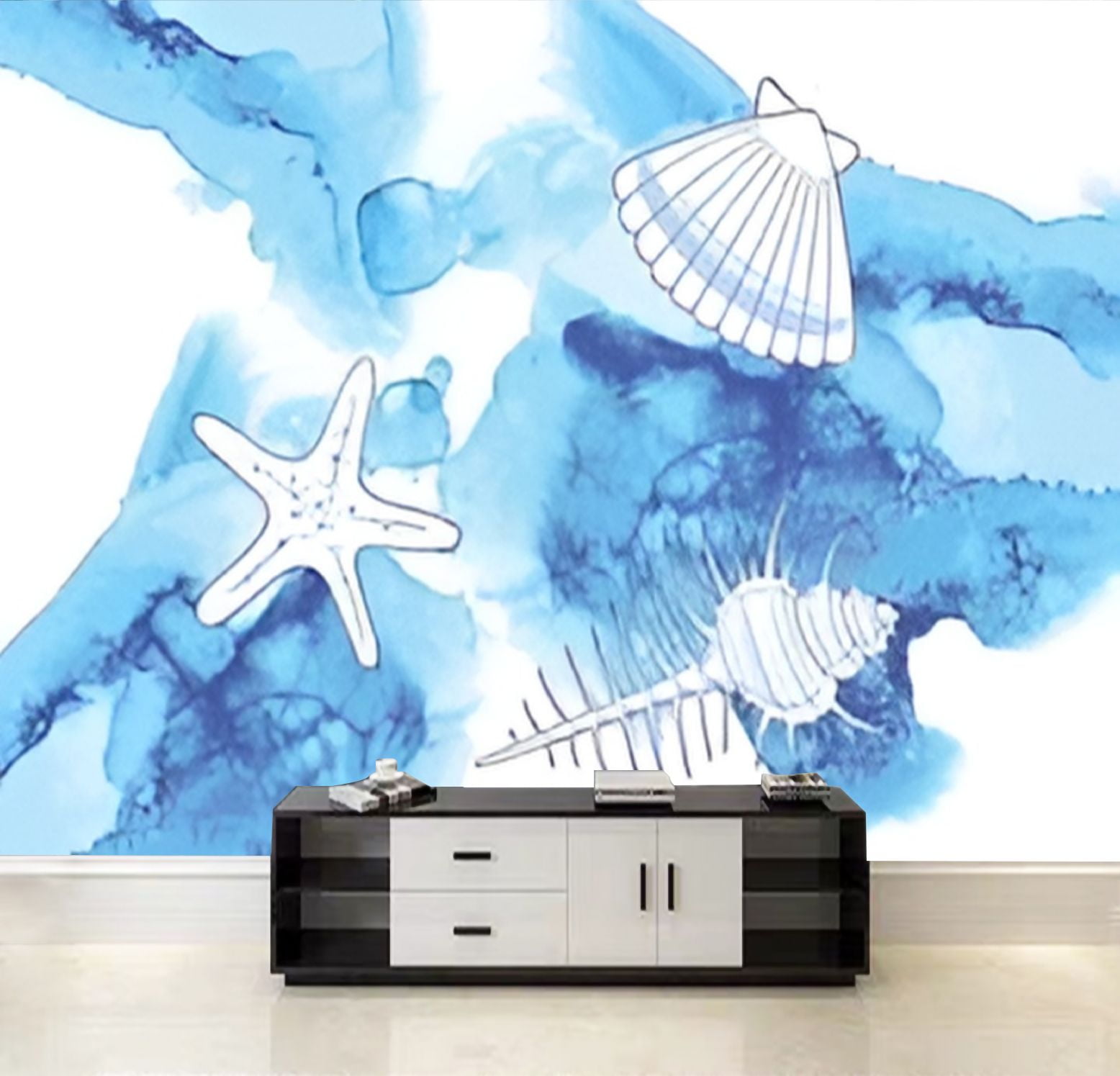 Peel and Stick Wallpaper seashell starfish blue ocean wave splash ...
