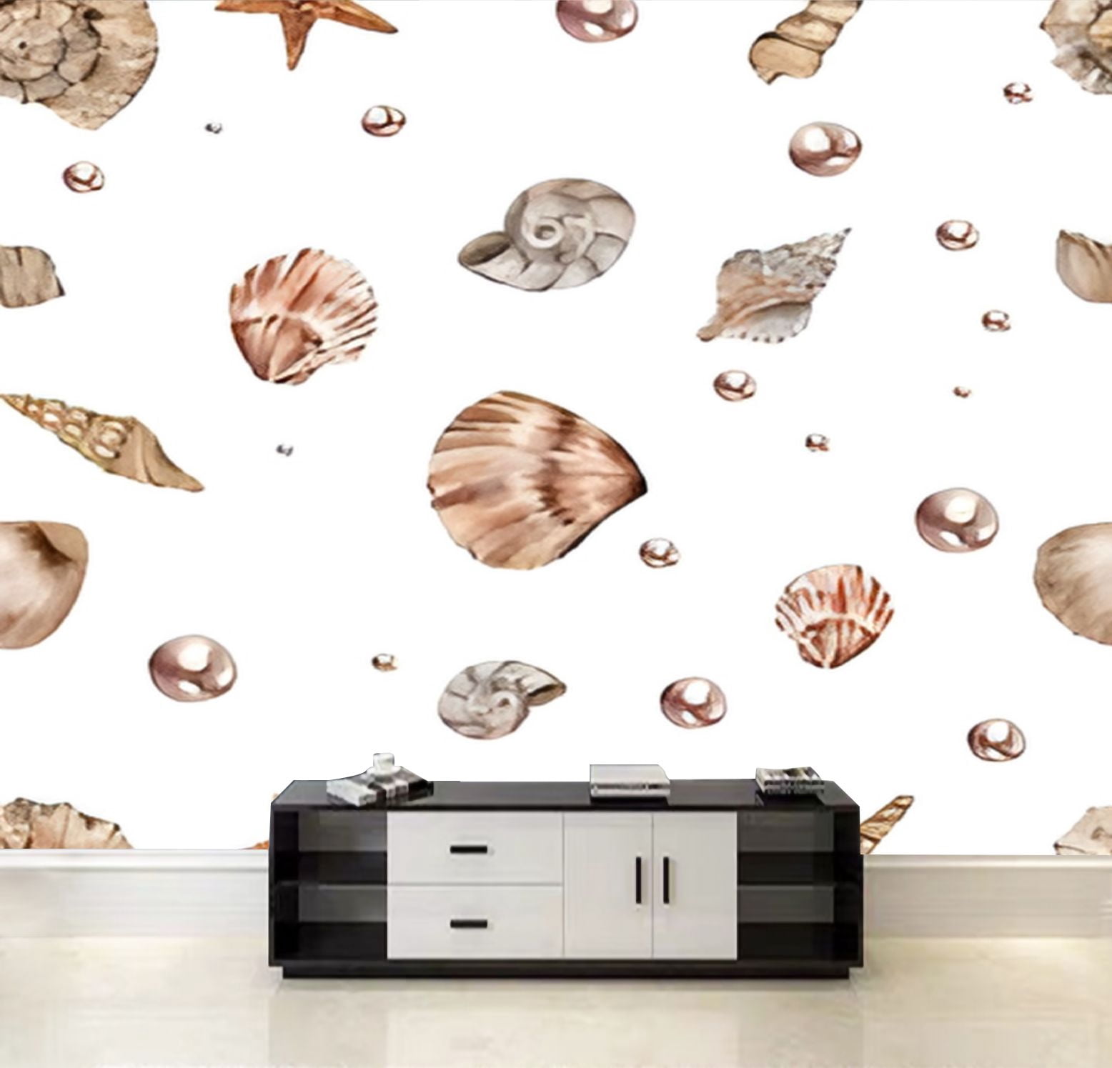 Peel and Stick Wallpaper shells corals starfish Watercolor white ...