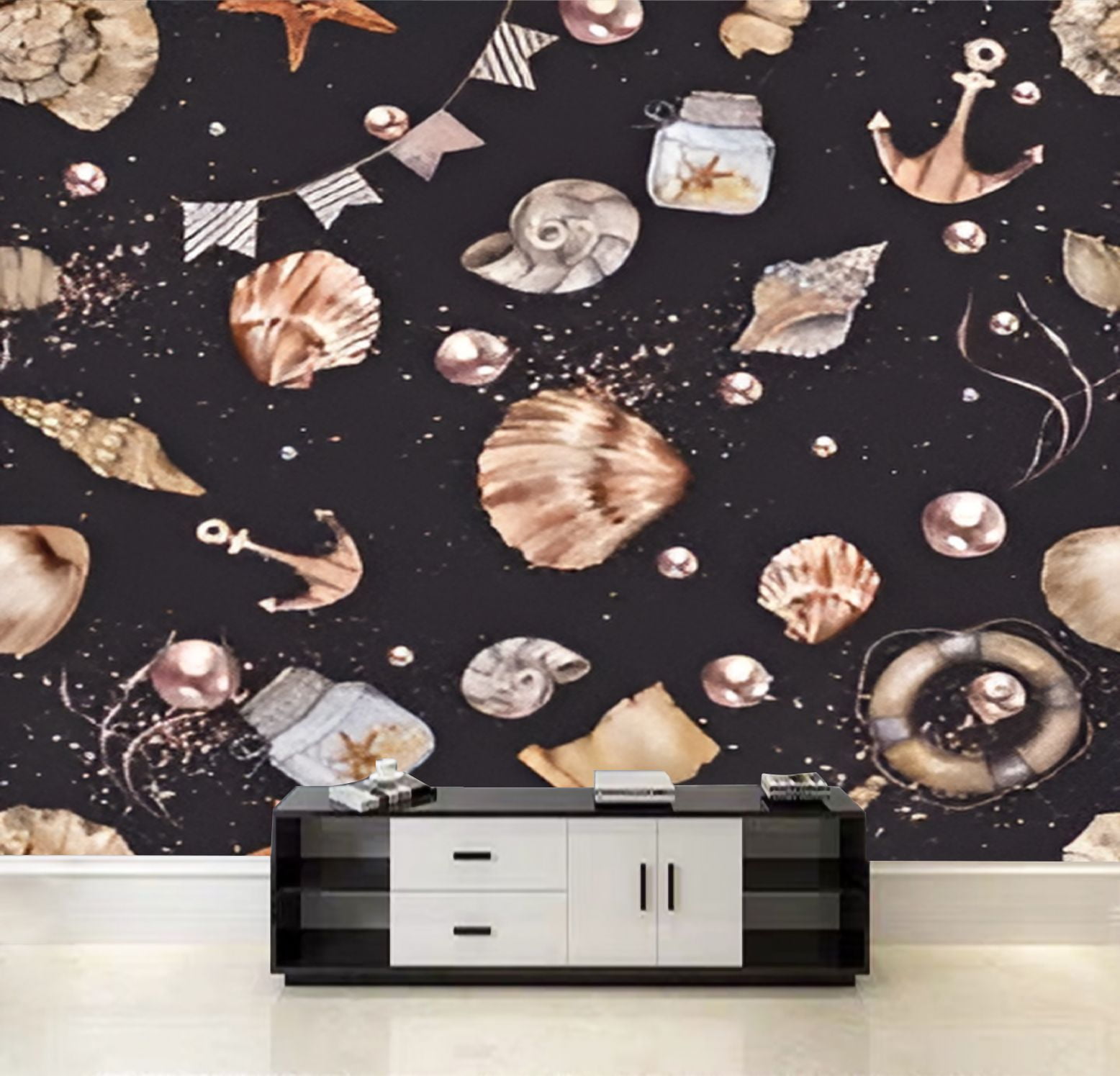 Peel and Stick Wallpaper shells corals starfish anchor map flags pearls ...