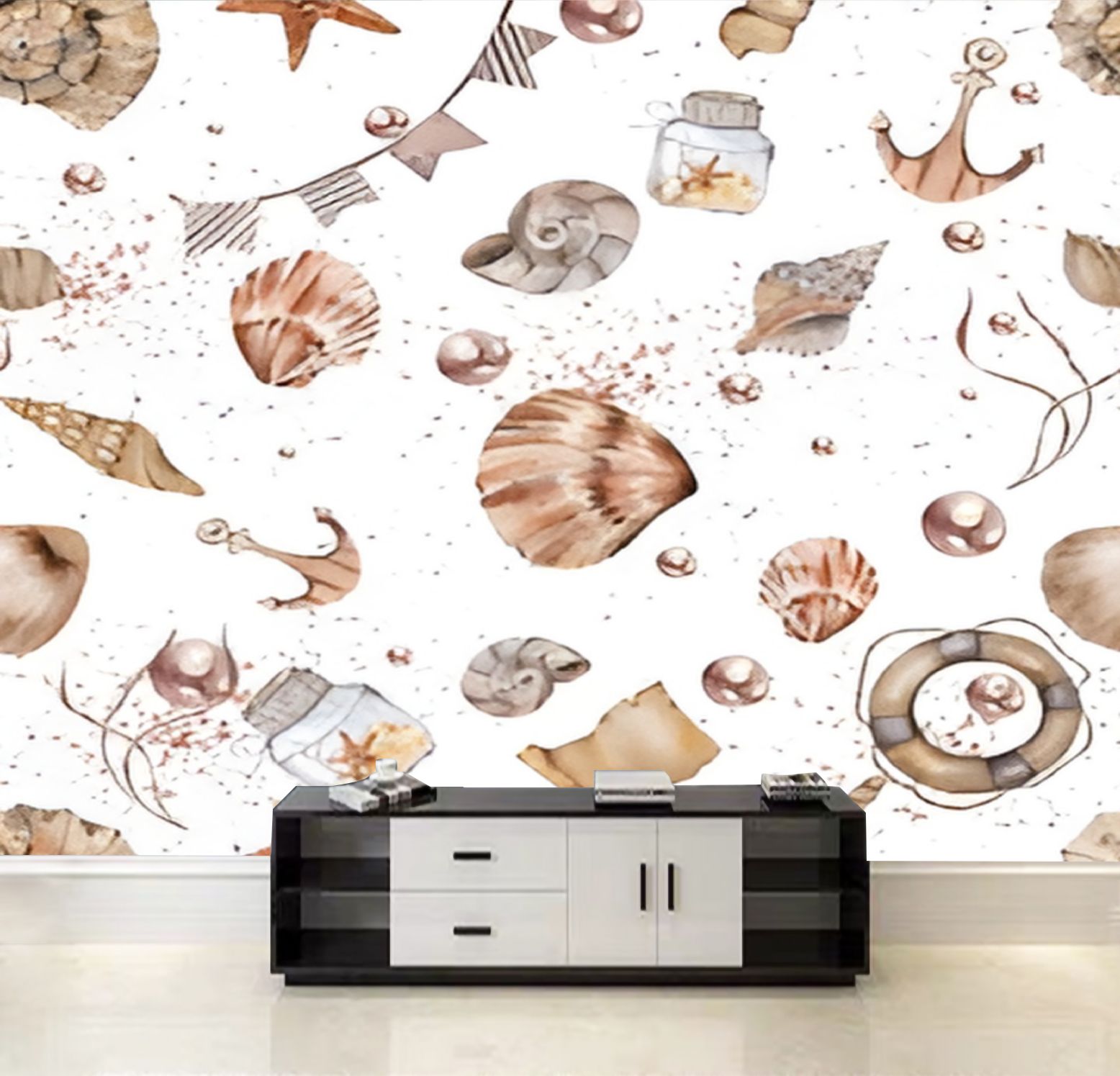 Peel and Stick Wallpaper shells corals starfish anchor map flags pearls ...