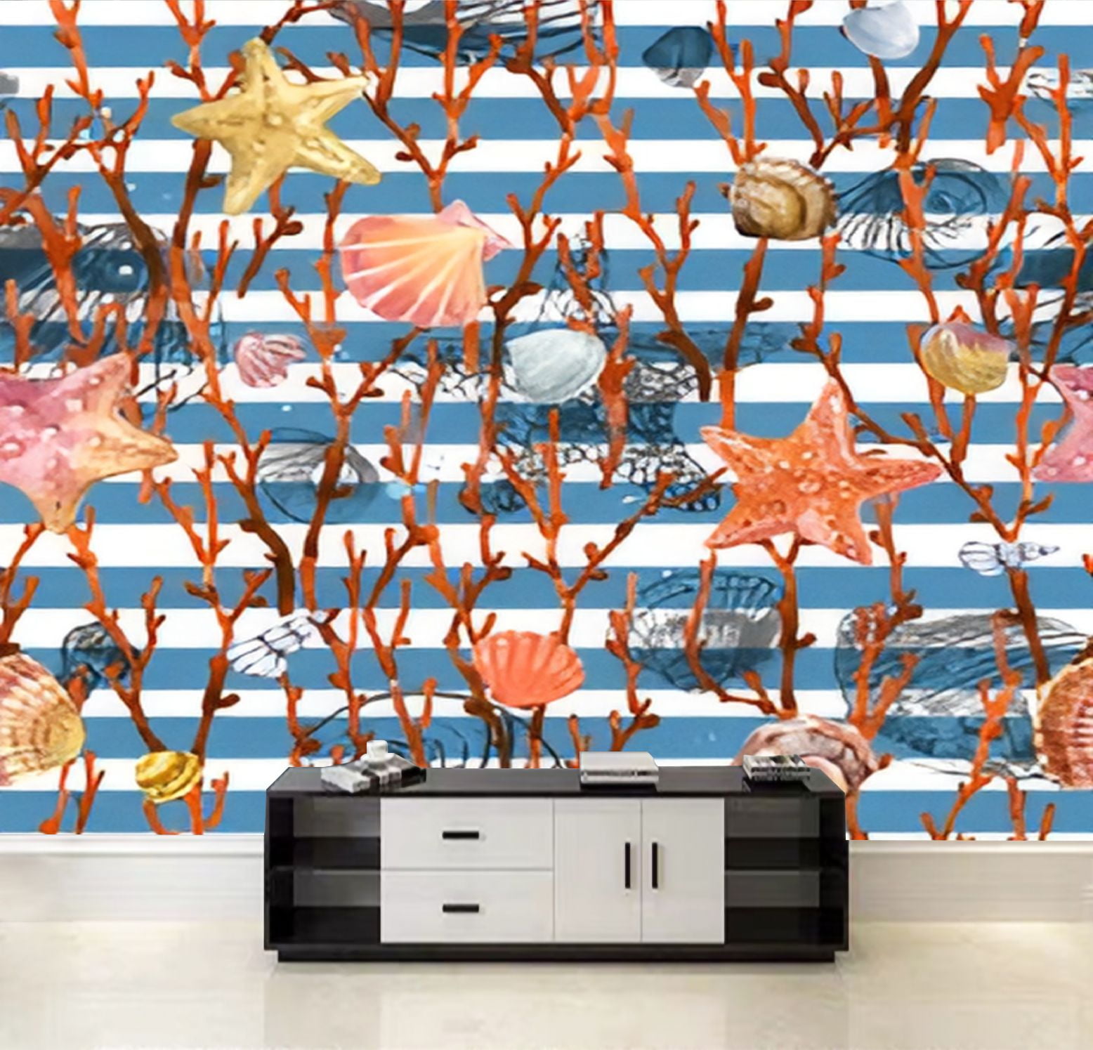 Peel and Stick Wallpaper watercolor seamless pattern seashells corals ...