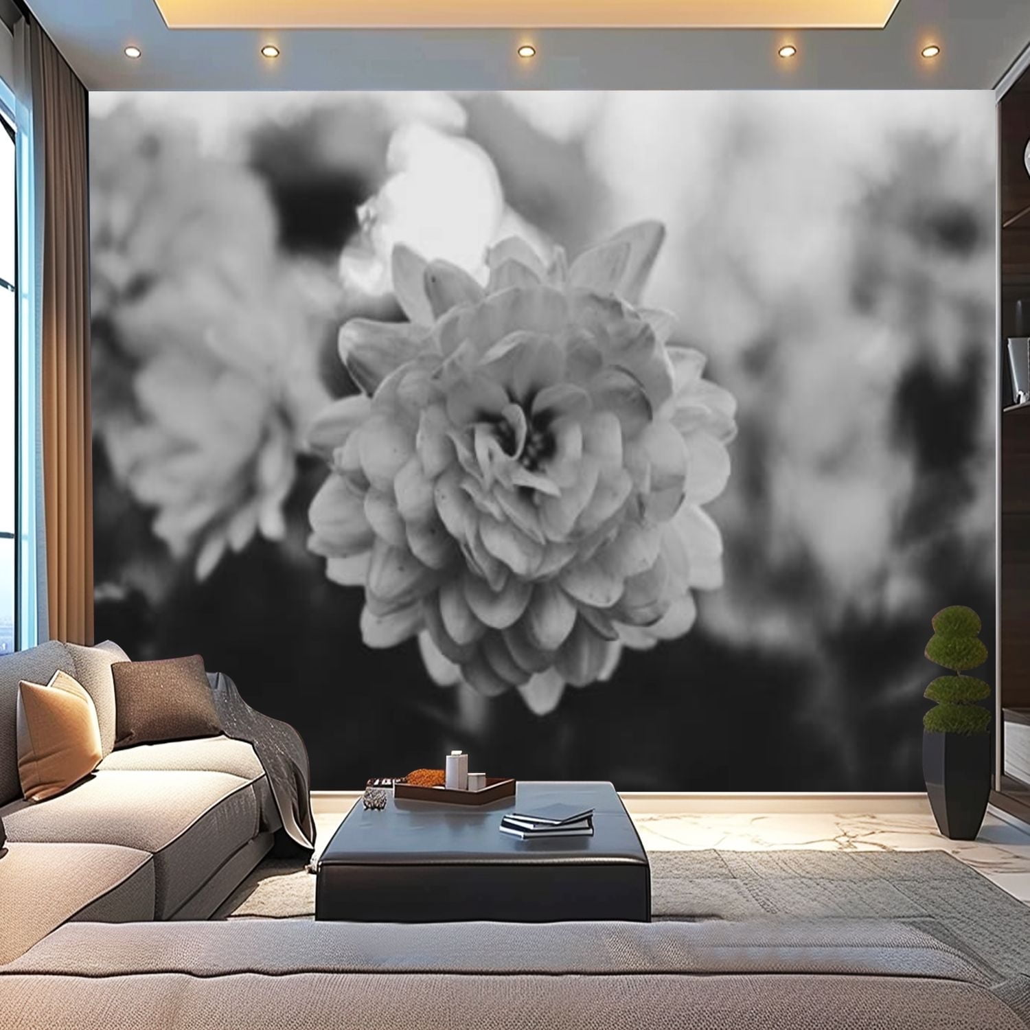 Peel and Stick Canvas Wallpaper Beautiful grayscale view white dahlia ...