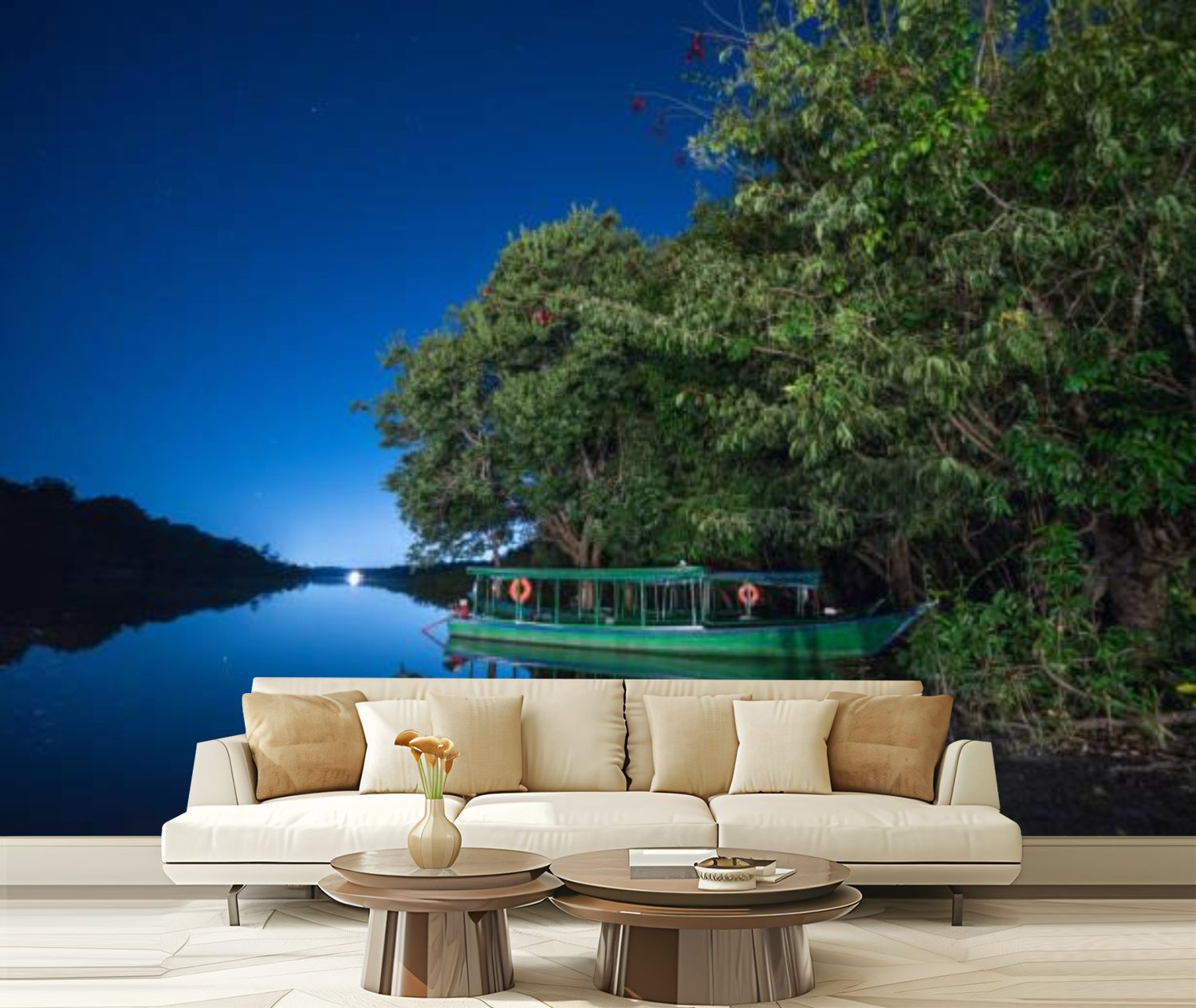 Peel and Stick Canvas Wallpaper Boat tributary river Rio Negro night ...