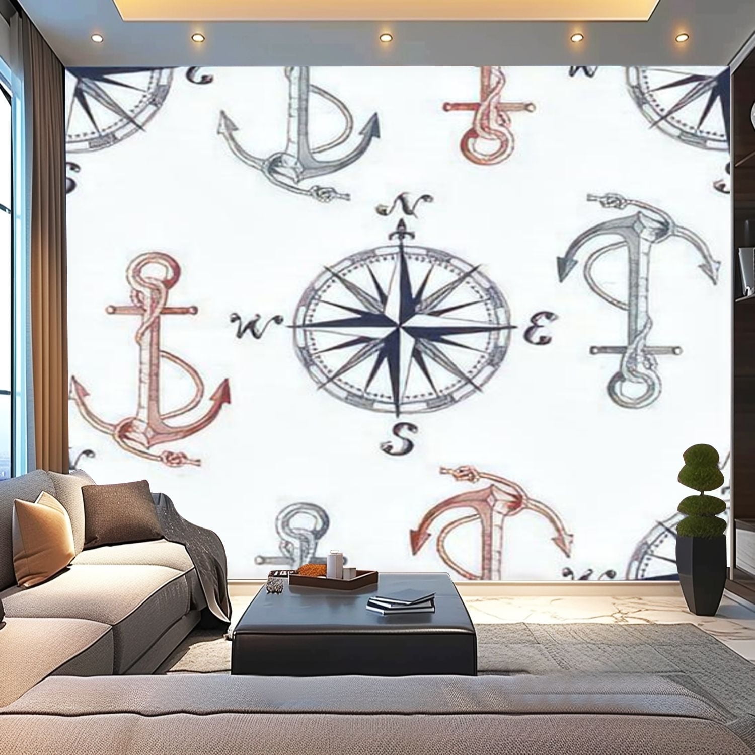 Peel and Stick Canvas Wallpaper Hand drawn anchors compass for textiles ...