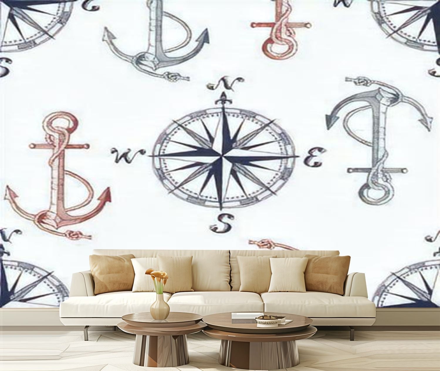 Peel and Stick Canvas Wallpaper Hand drawn anchors compass for textiles ...