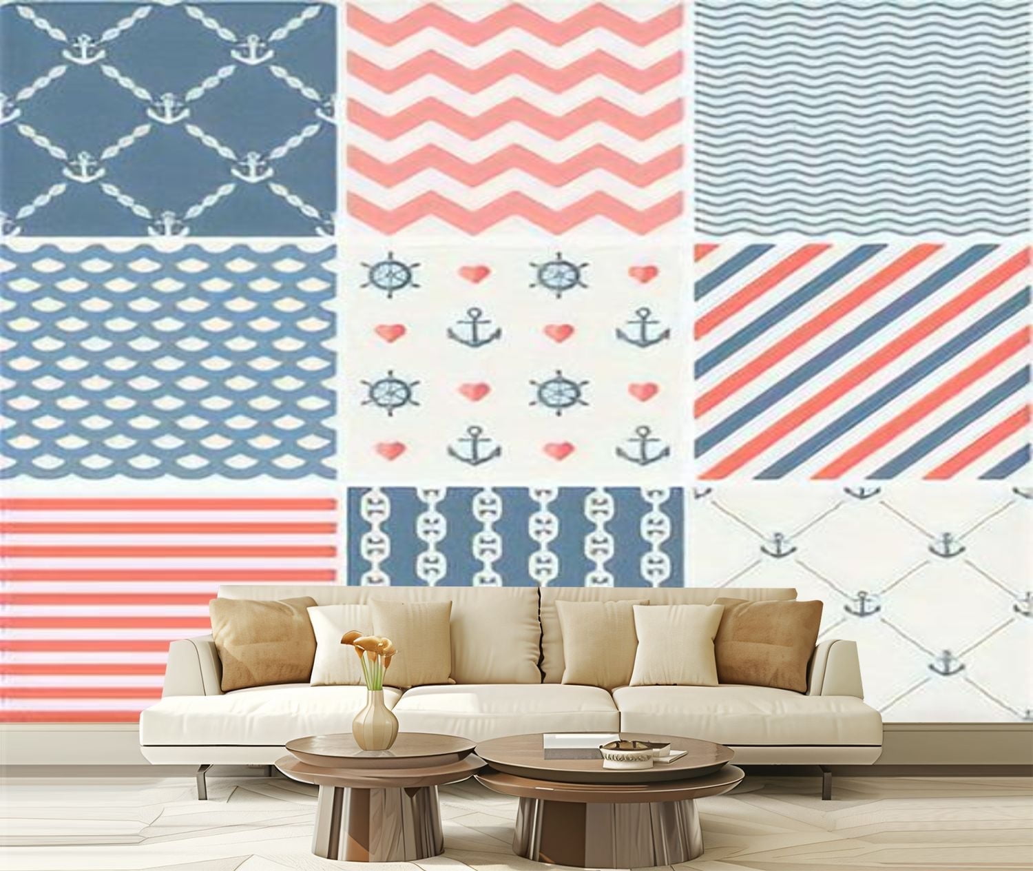 Peel and Stick Canvas Wallpaper Navy seamless set waves anchors chains ...