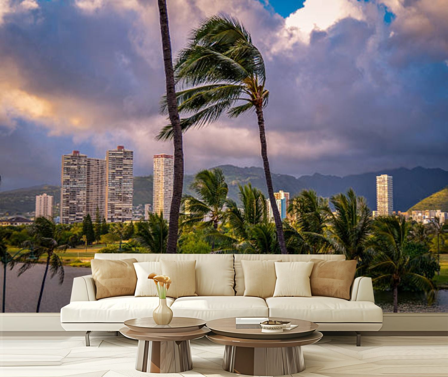 Peel and Stick Canvas Wallpaper Retro Honolulu Hawaii Skyline Modern ...