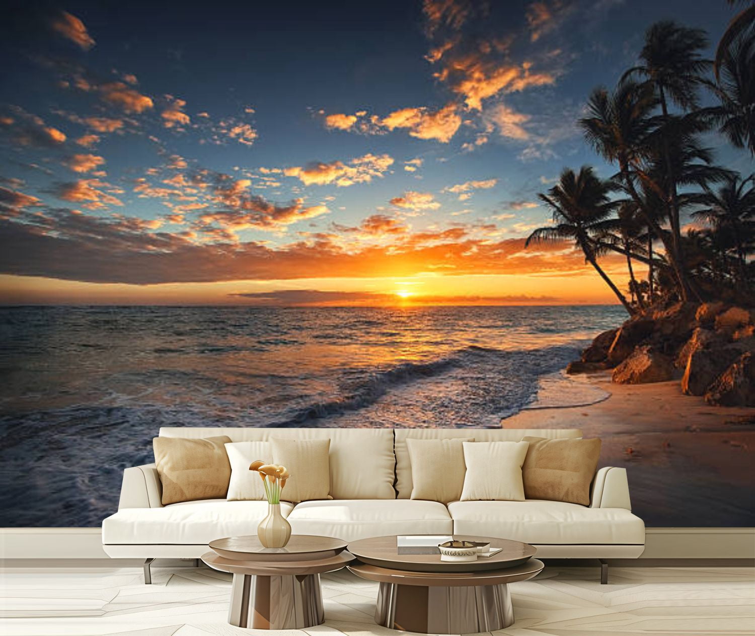 Peel and Stick Canvas Wallpaper Sunrise tropical island Palm trees ...