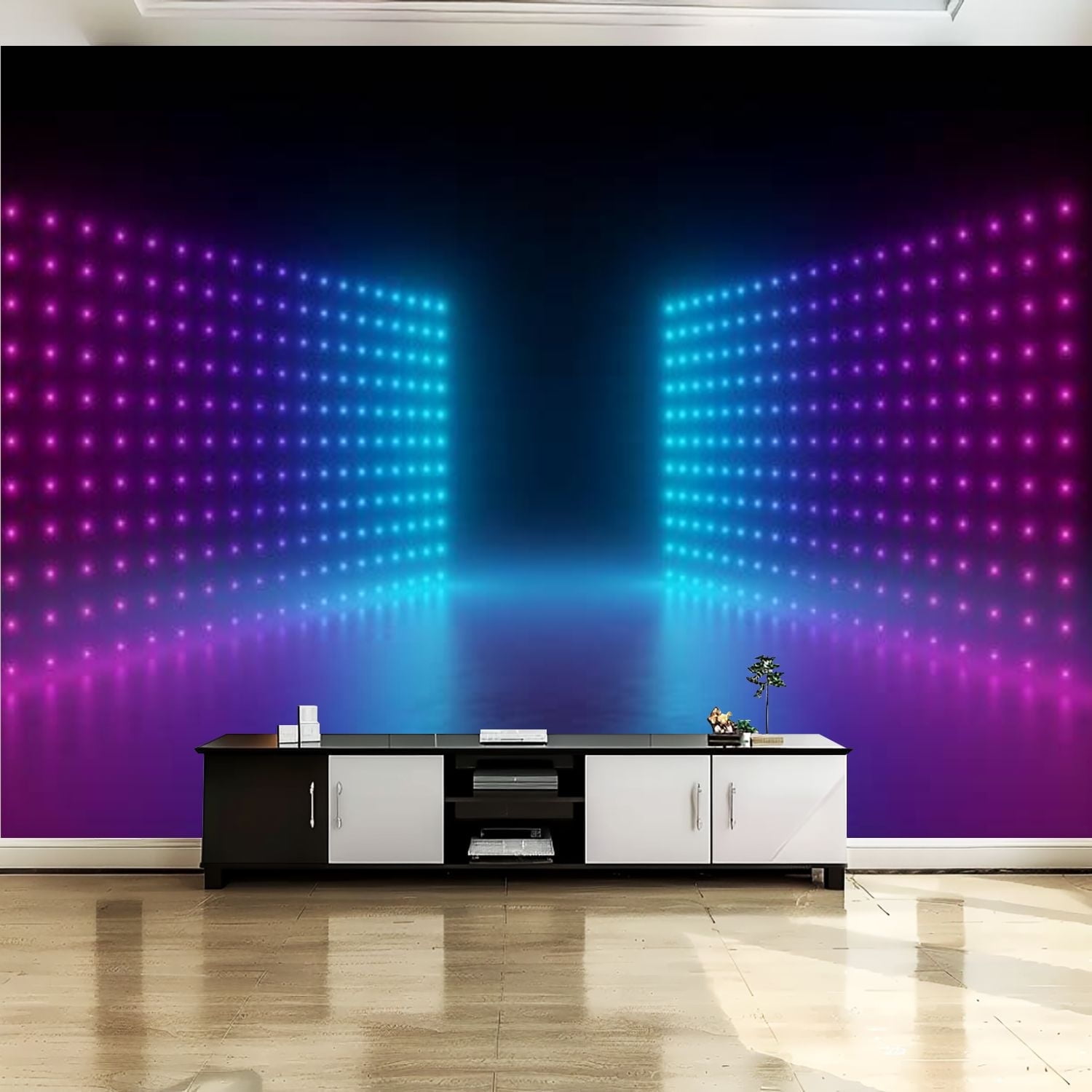 Peel and Stick Canvas Wallpaper Wall Mural 3d render abstract screen pixels glowing dots neon ...