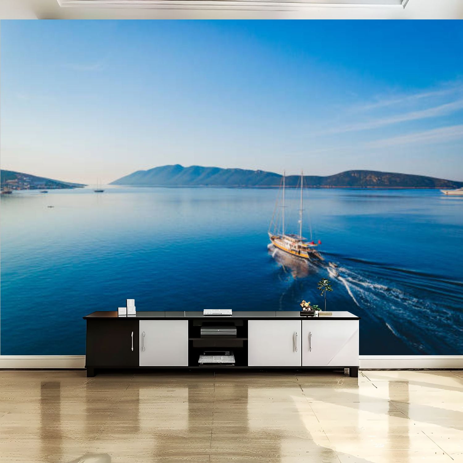 Peel and Stick Canvas Wallpaper Wall Mural Aerial view white yacht crossing Bodrum Harbor Turkey ...