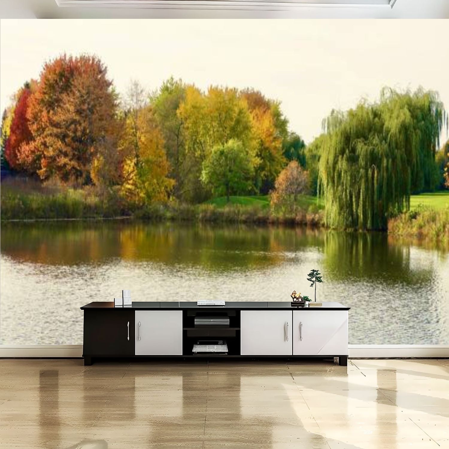 Peel and Stick Canvas Wallpaper Wall Mural Autumn course pond pond Wall ...