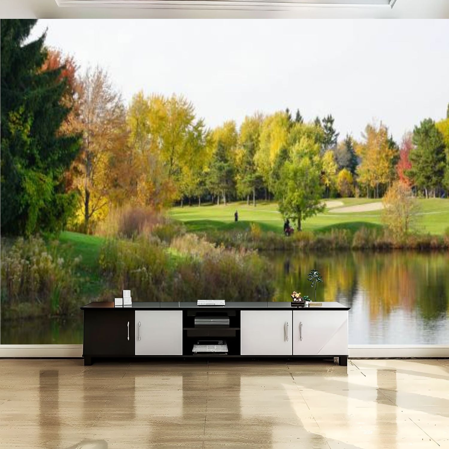 Peel and Stick Canvas Wallpaper Wall Mural Autumn course pond pond Wall ...