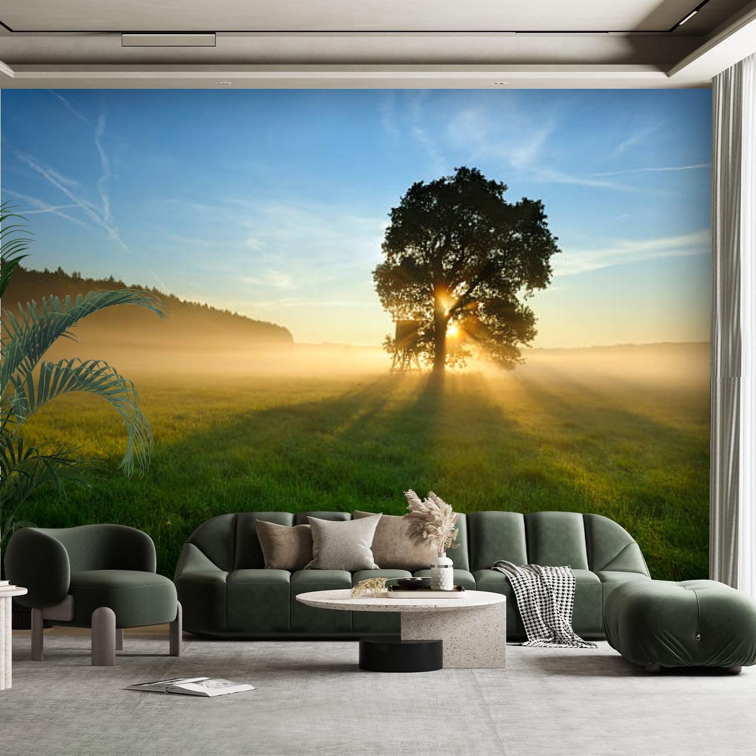 Peel and Stick Canvas Wallpaper Wall Mural Backlit Tree Morning Mist ...