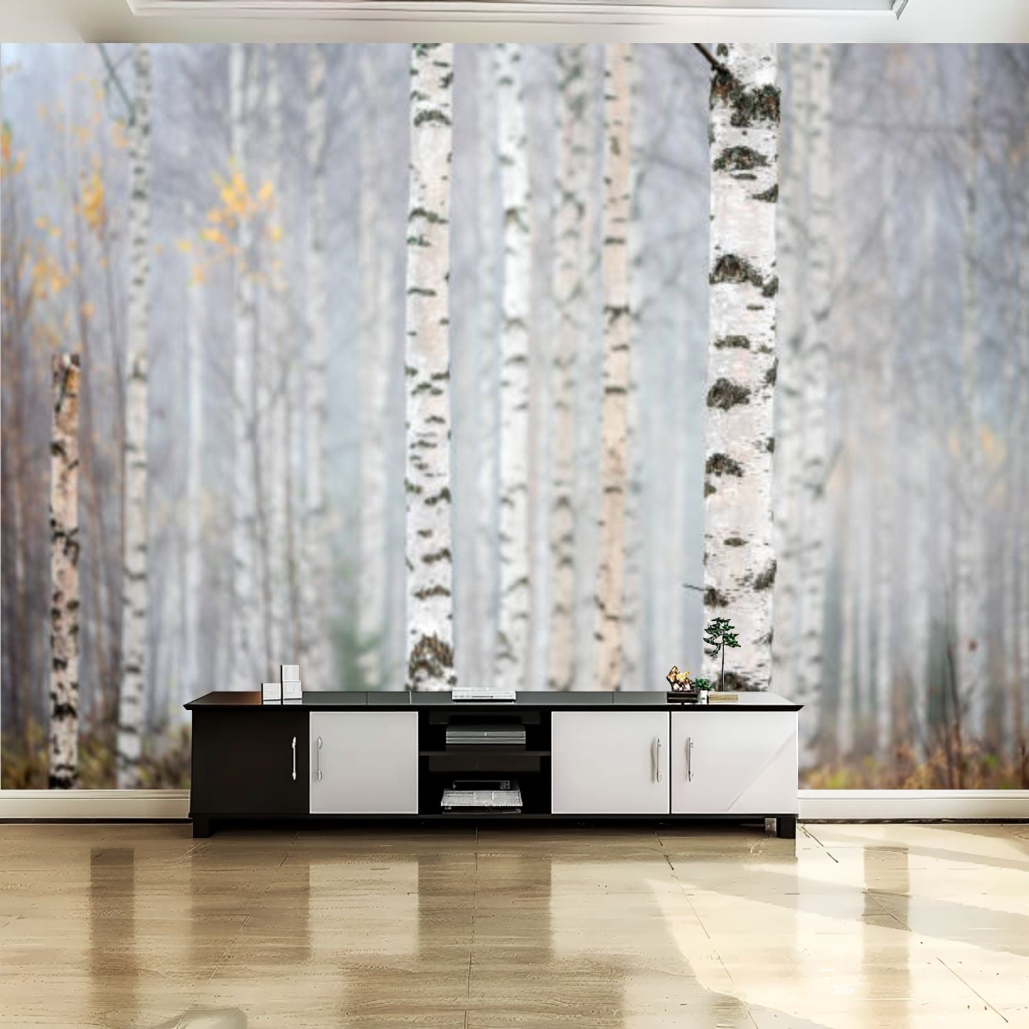 Peel and Stick Canvas Wallpaper Wall Mural Birch forest fog Autumn view ...
