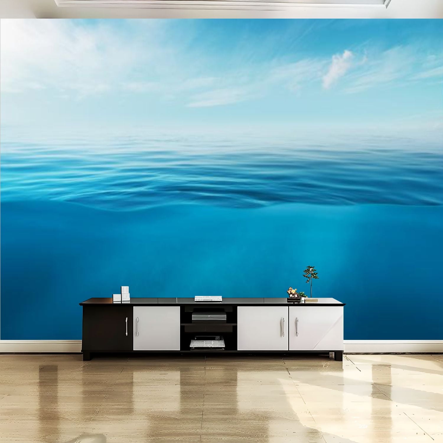 Peel and Stick Canvas Wallpaper Wall Mural Blue sea ocean water surface underwater sunny cloudy ...