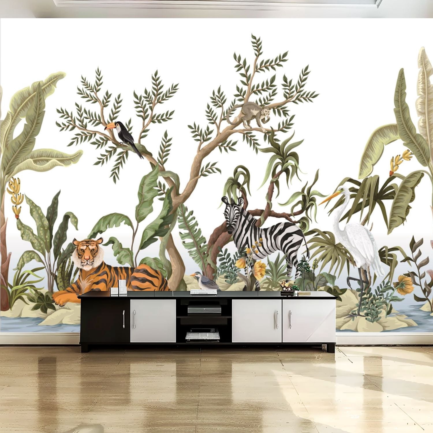 Peel and Stick Canvas Wallpaper Wall Mural Border jungles trees animals ...