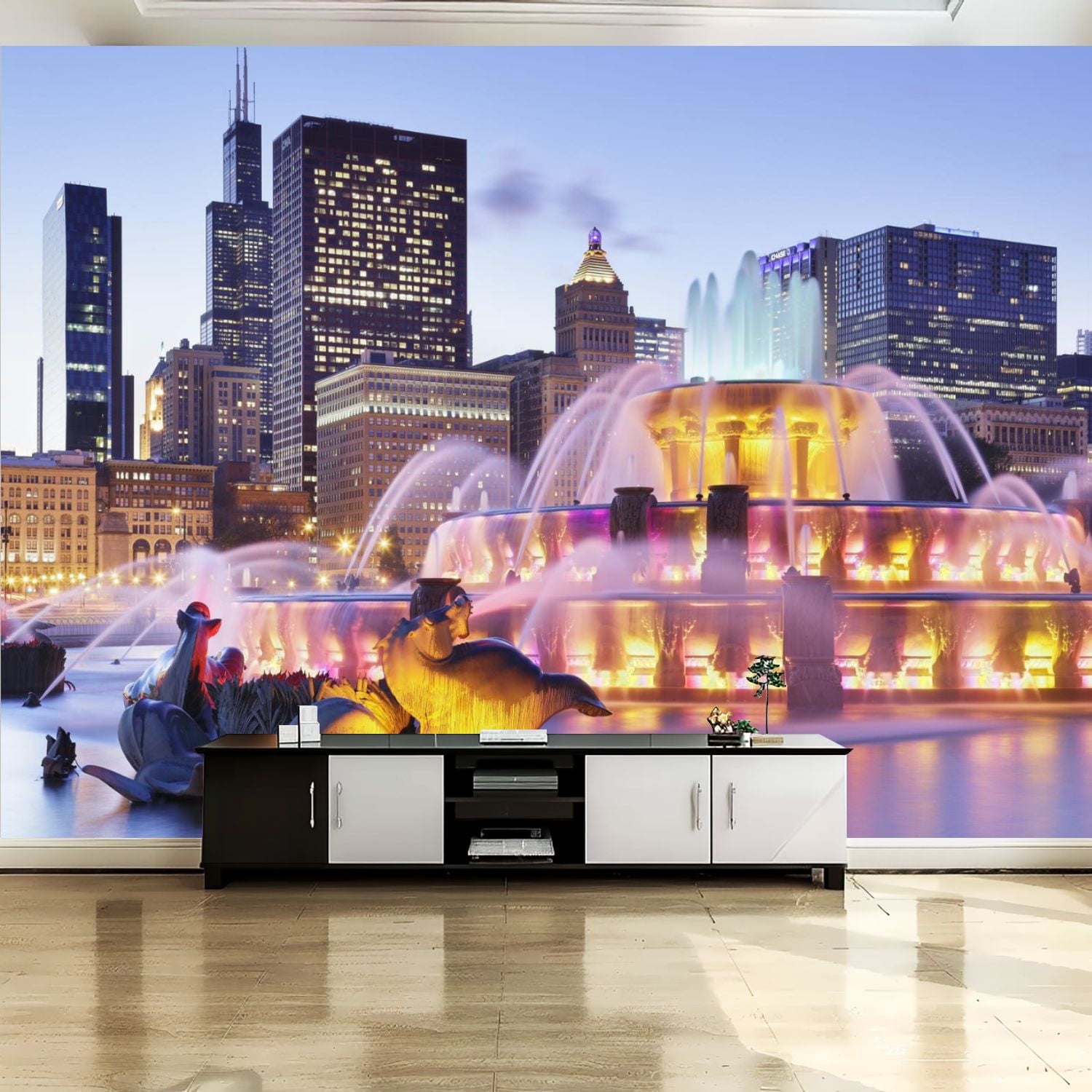 Peel and Stick Canvas Wallpaper Wall Mural Buckingham Fountain Skyline ...