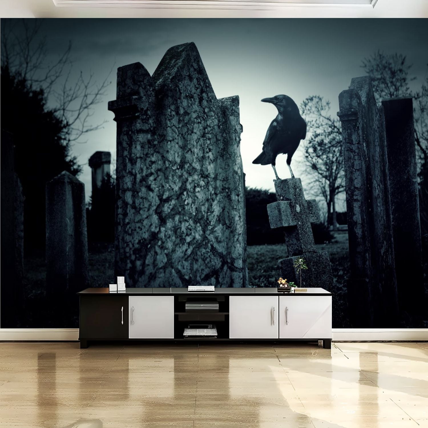 Peel and Stick Canvas Wallpaper Wall Mural Cemetery night Wall Art Self ...