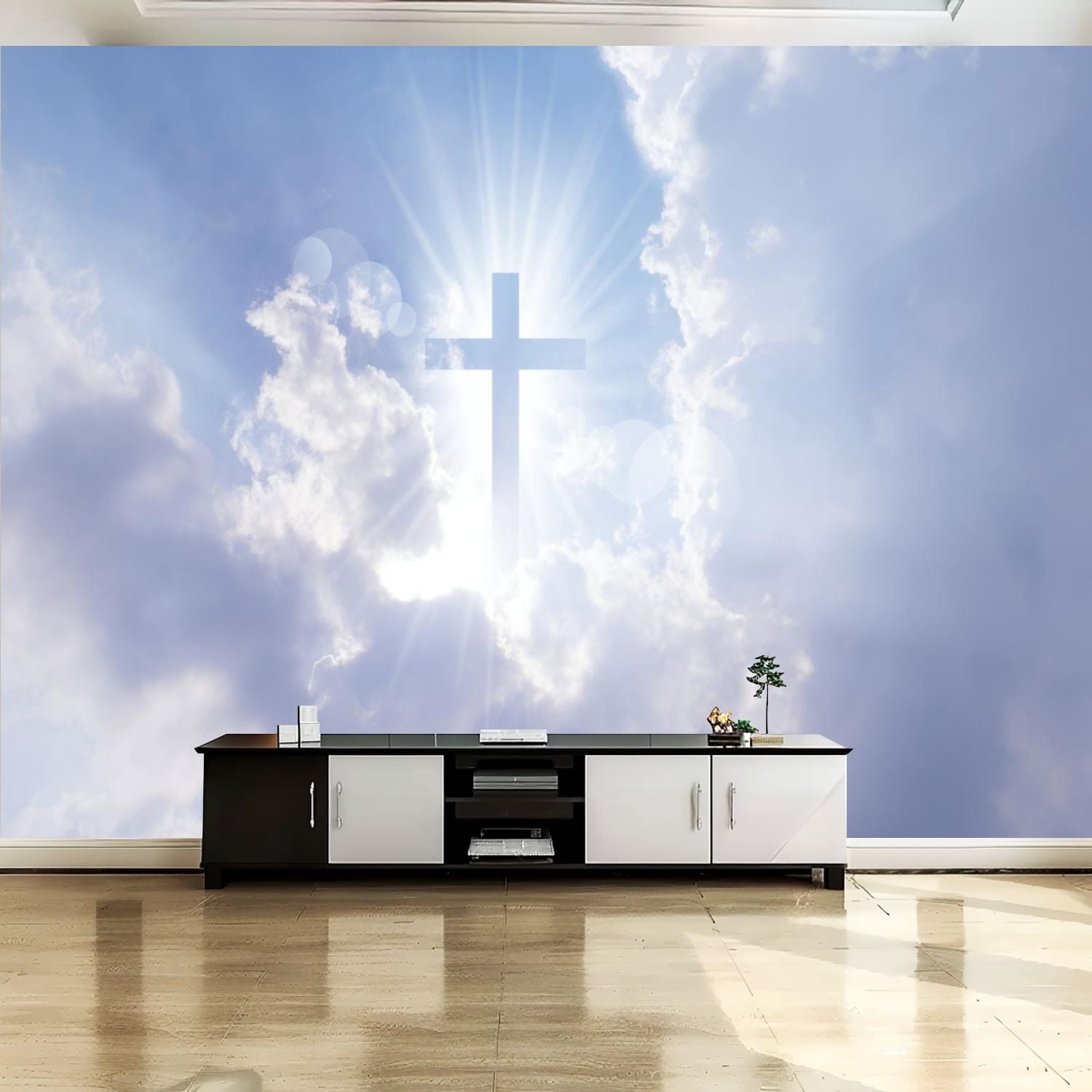 Peel and Stick Canvas Wallpaper Wall Mural Christian cross appears ...