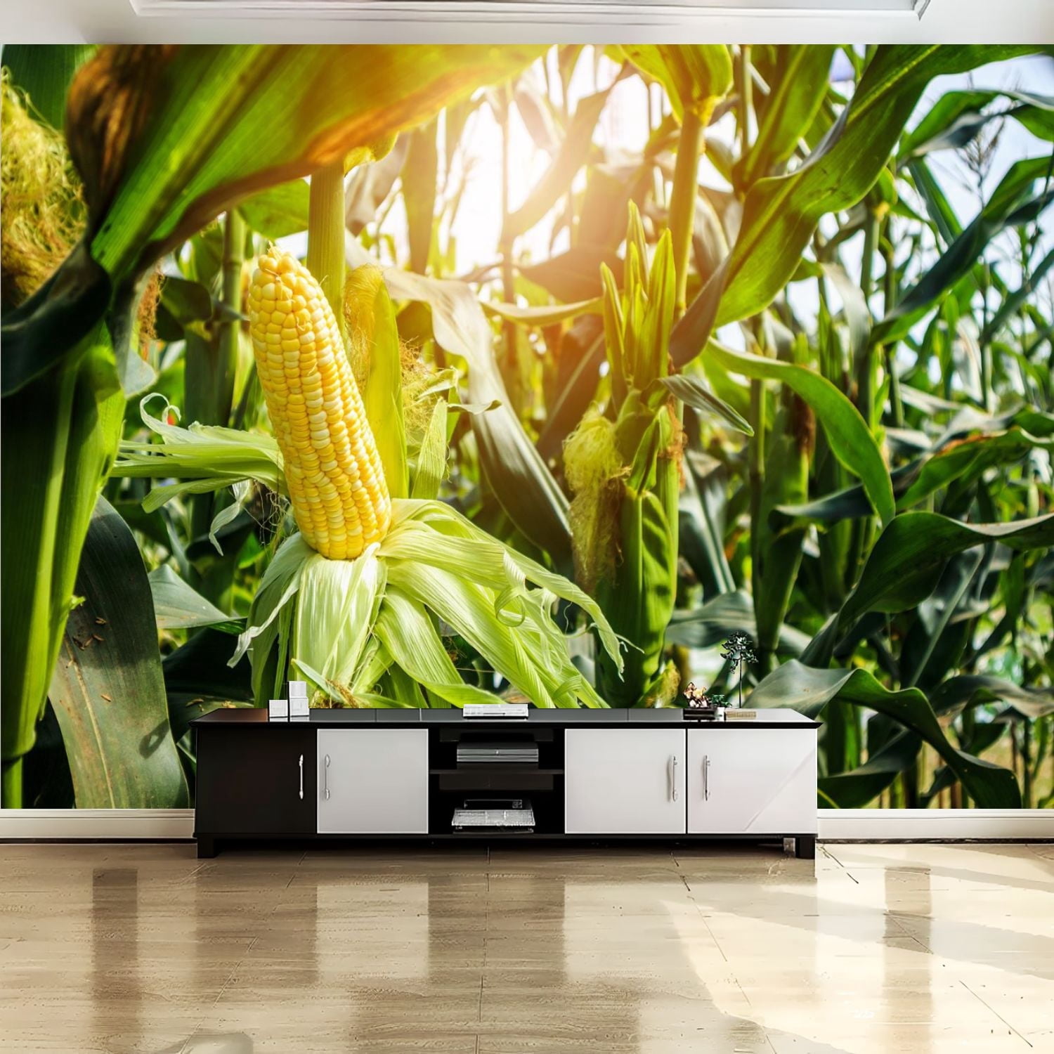 Peel and Stick Canvas Wallpaper Wall Mural Corn cob green leaves growth ...