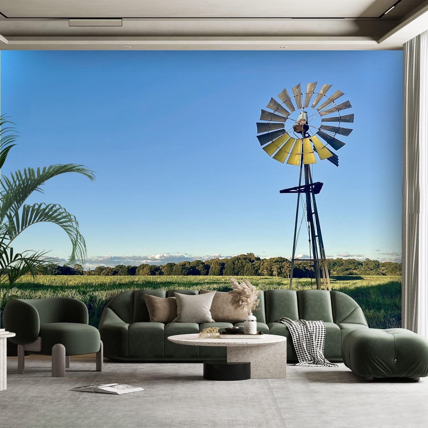 Peel and Stick Canvas Wallpaper Wall Mural Country Windmill Rural Field ...