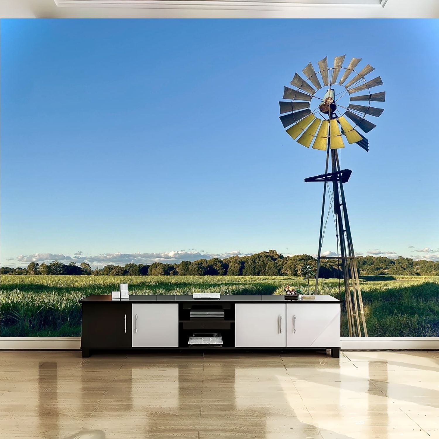 Peel and Stick Canvas Wallpaper Wall Mural Country Windmill Rural Field ...