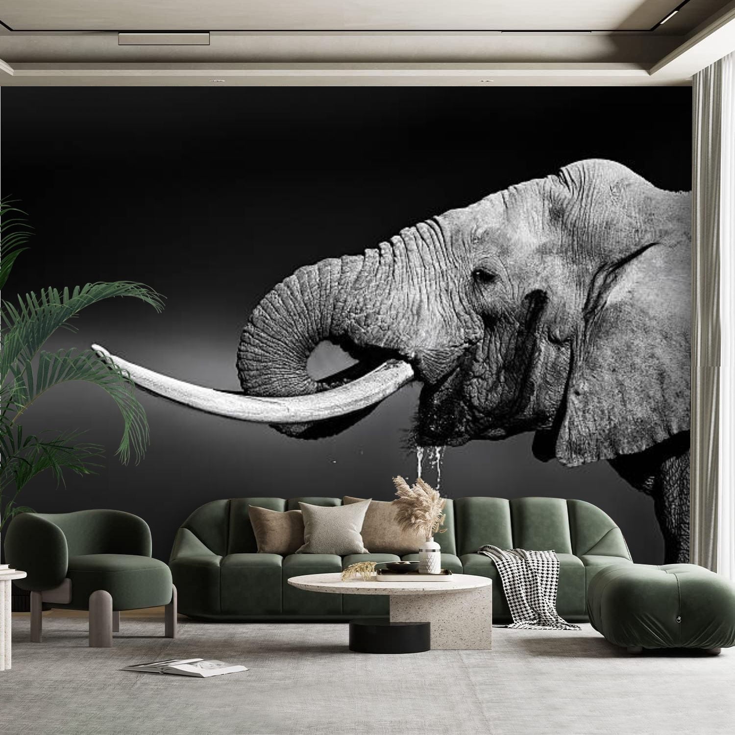 Peel and Stick Canvas Wallpaper Wall Mural Elephant bull drinking water ...