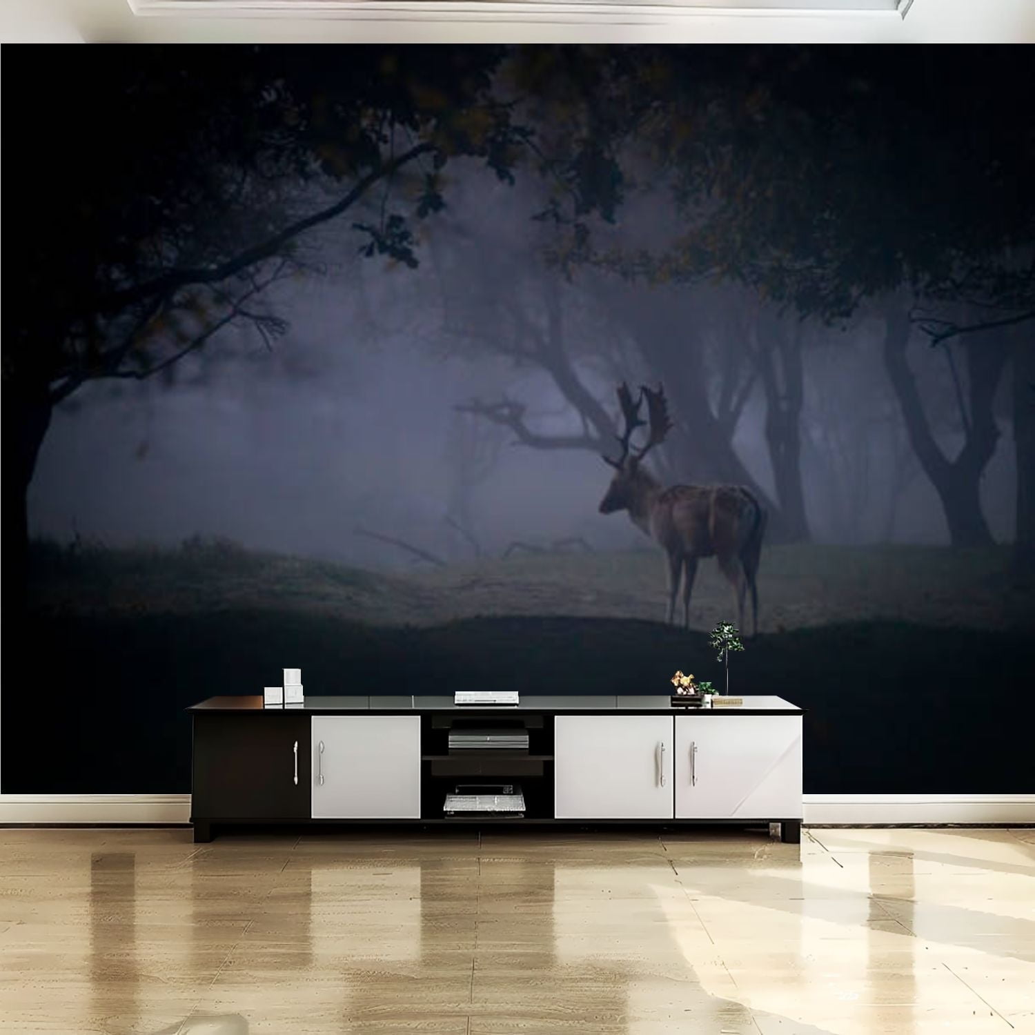 Peel and Stick Canvas Wallpaper Wall Mural Fallow deer cold misty ...