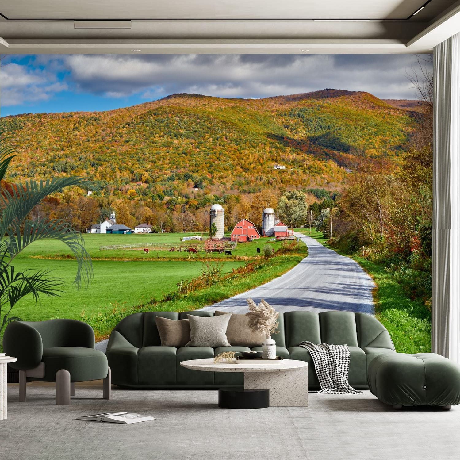 Peel and Stick Canvas Wallpaper Wall Mural Farm red barn silos Vermont ...