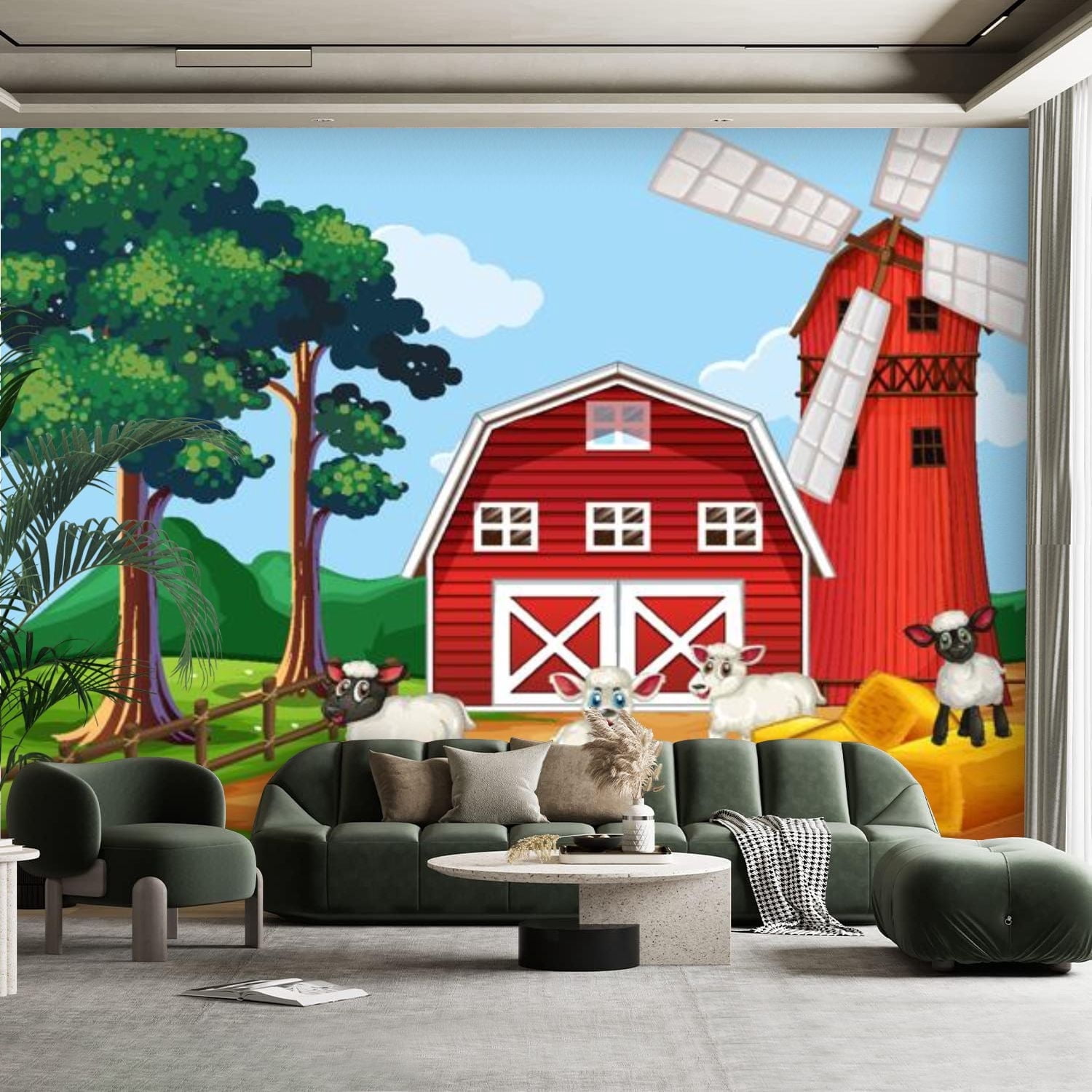Peel and Stick Canvas Wallpaper Wall Mural Farm scene nature barn ...
