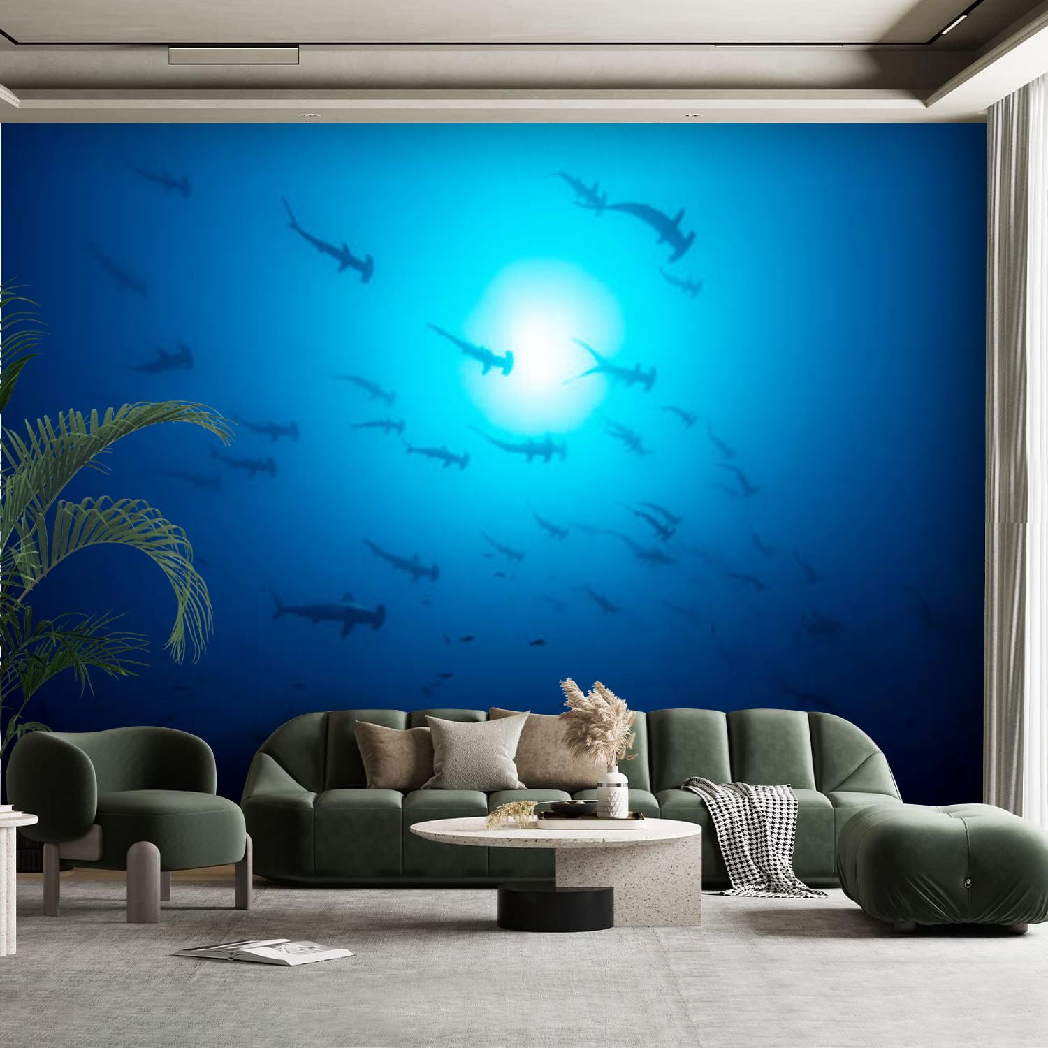 Peel and Stick Canvas Wallpaper Wall Mural Flock hammerhead sharks Wall ...
