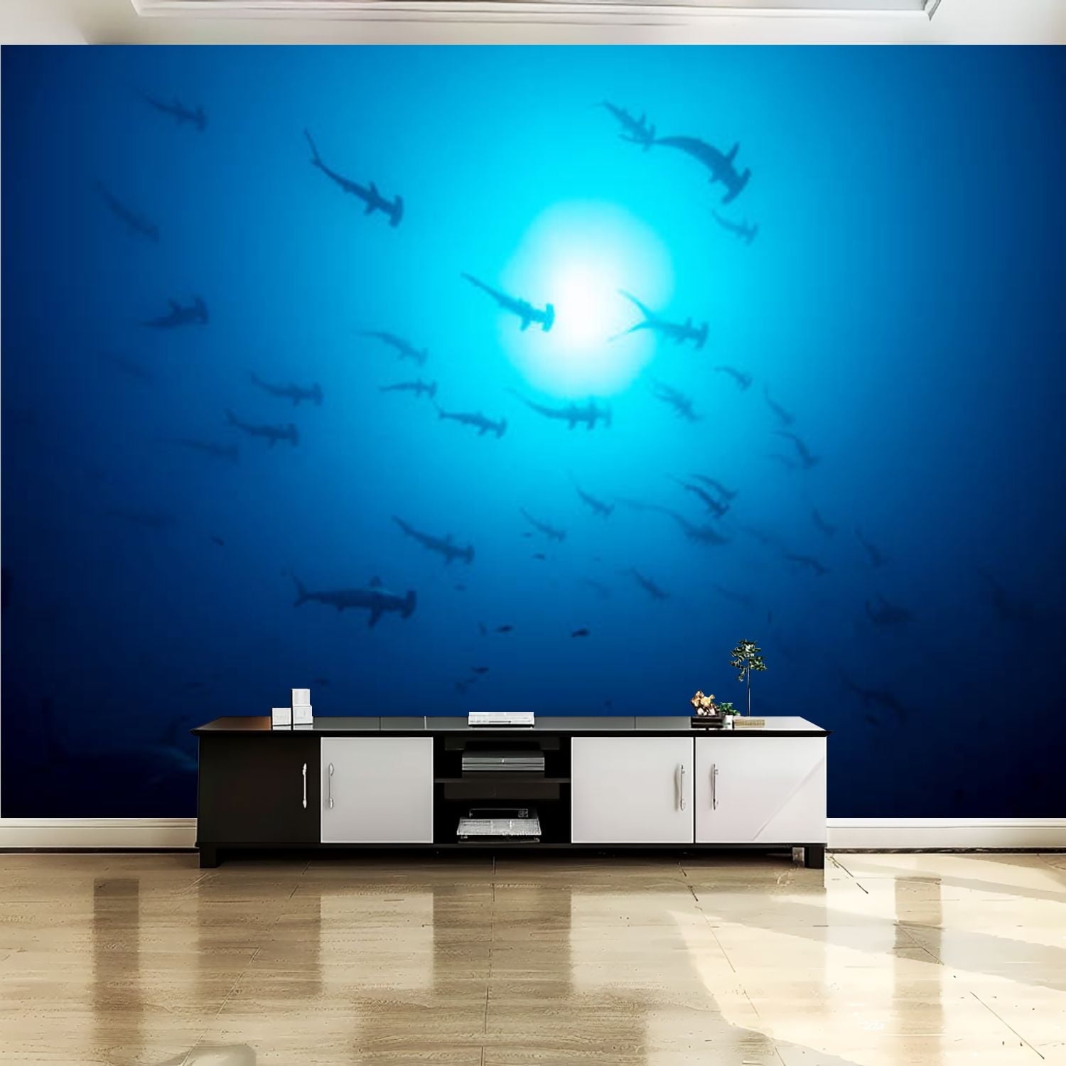 Peel and Stick Canvas Wallpaper Wall Mural Flock hammerhead sharks Wall ...