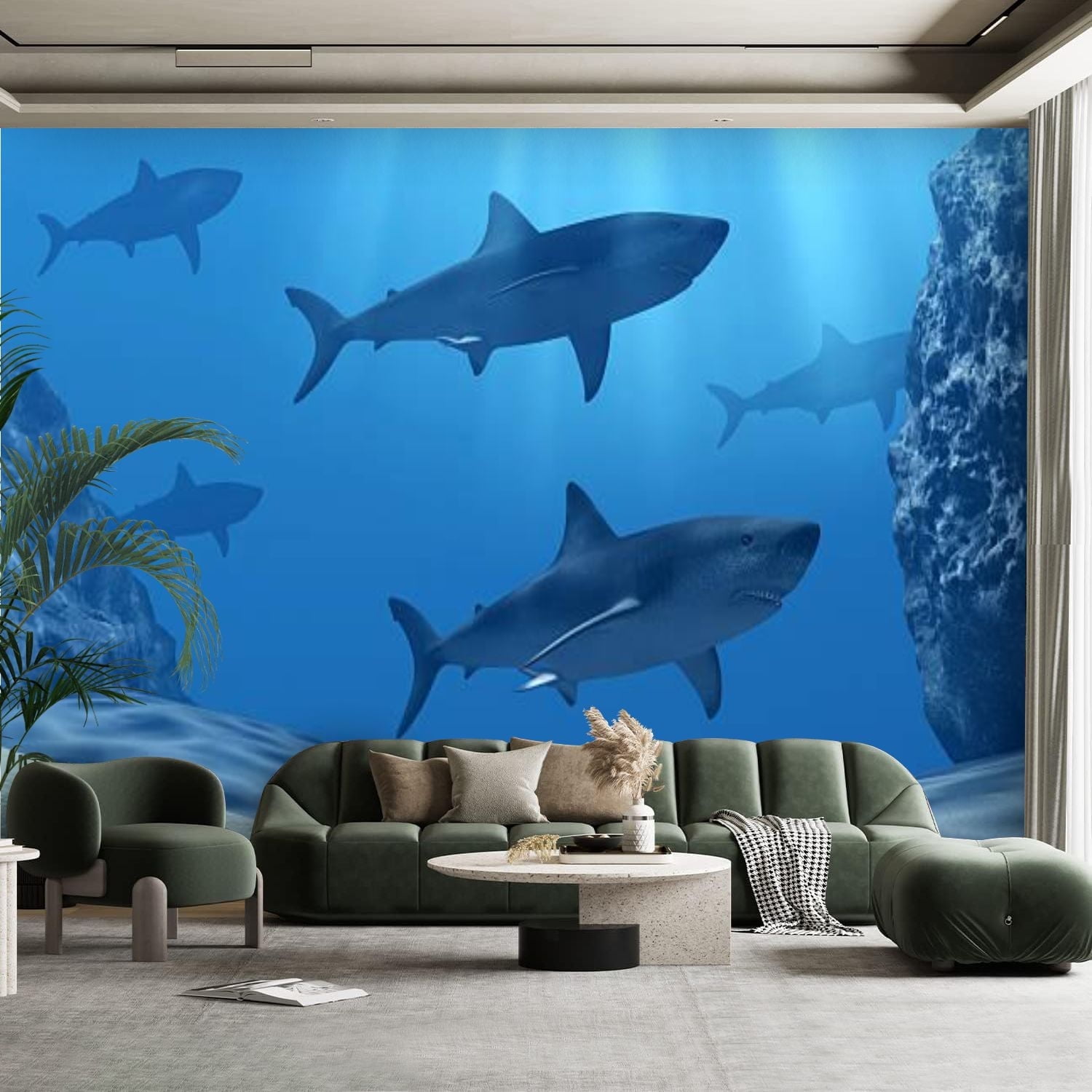 Peel and Stick Canvas Wallpaper Wall Mural Flock sharks underwater sun ...