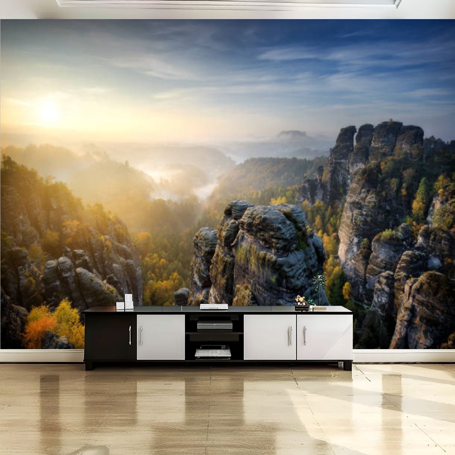 Peel and Stick Canvas Wallpaper Wall Mural Foggy sunrise Bastei Saxon ...