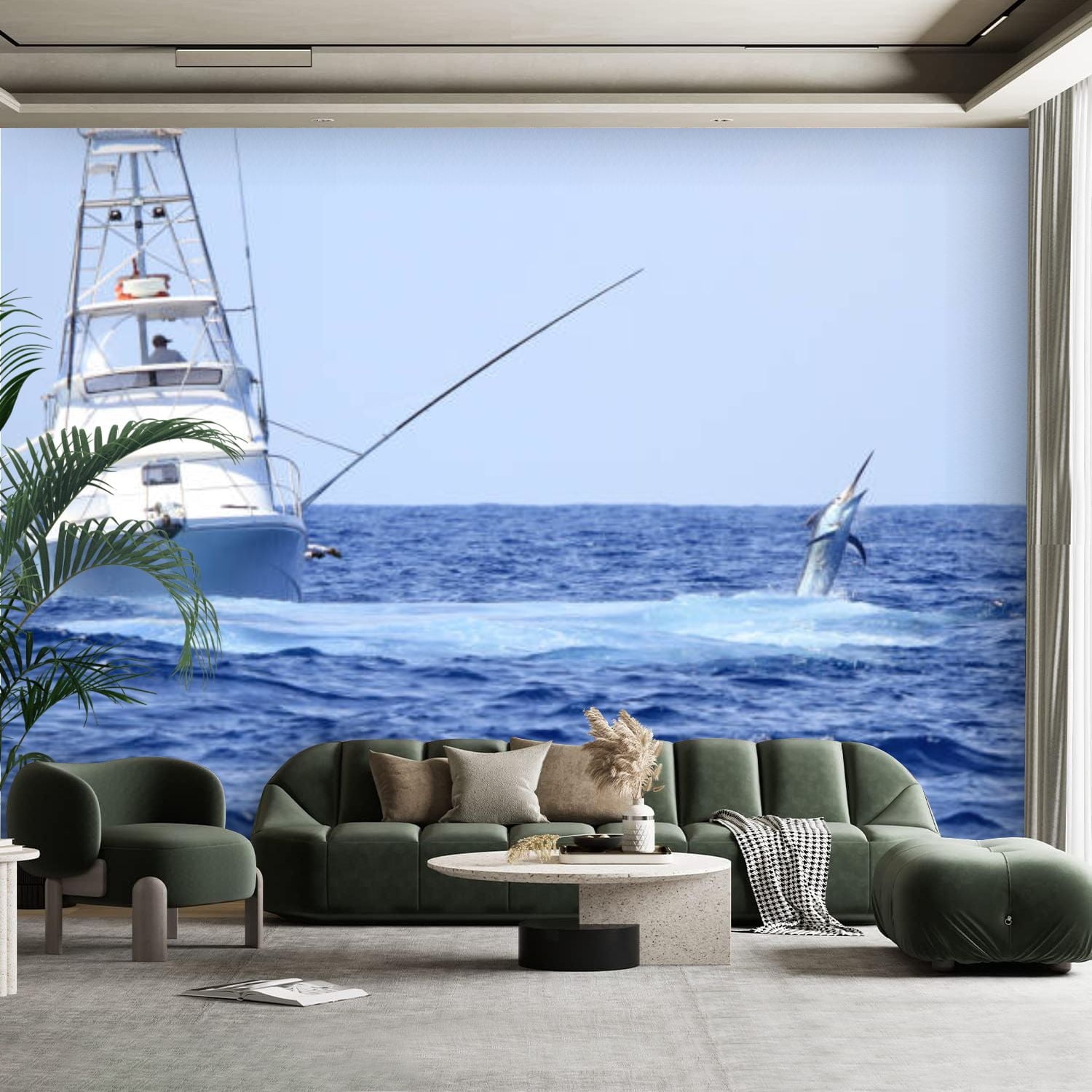 Peel and Stick Canvas Wallpaper Wall Mural Game fishing boat fighting ...