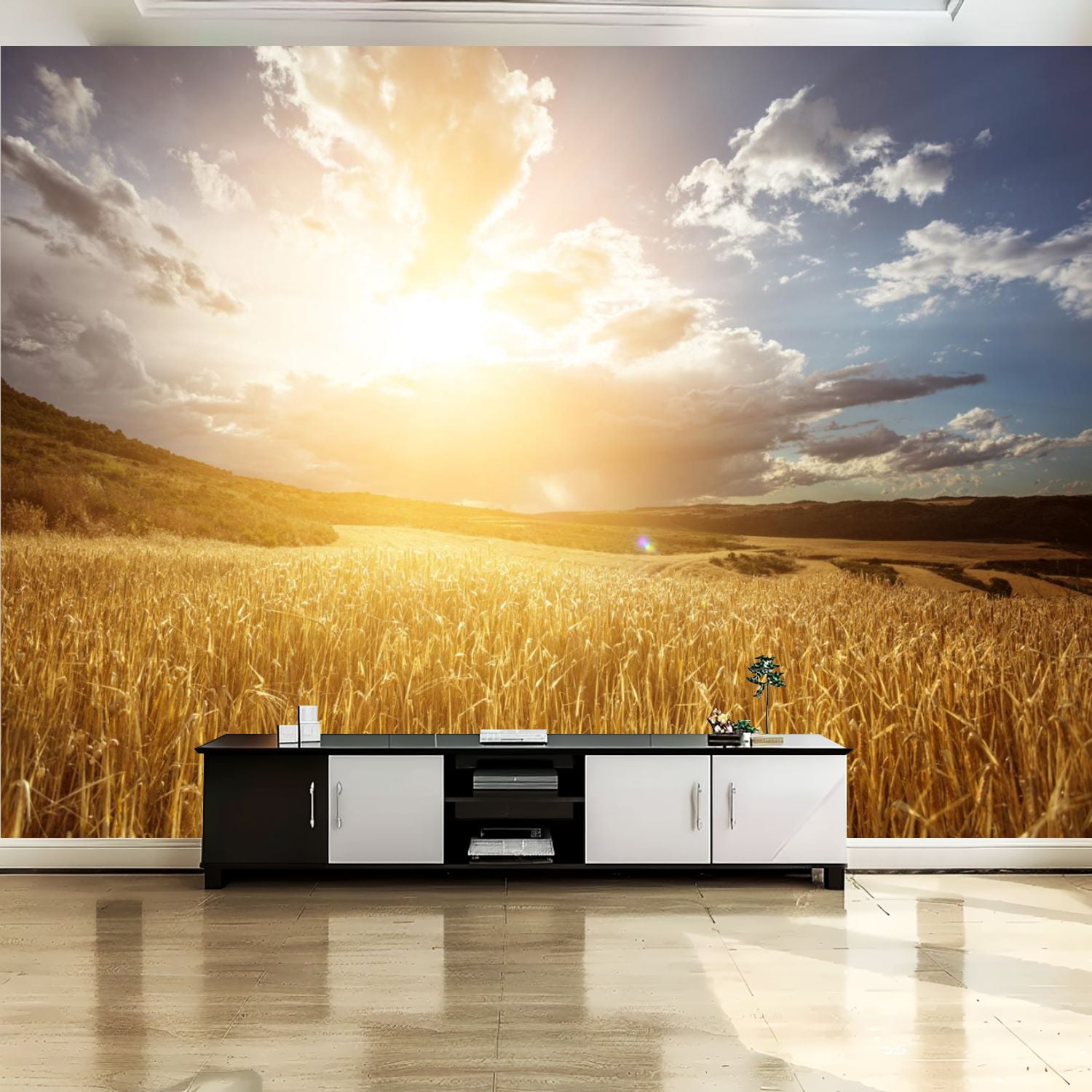 Peel and Stick Canvas Wallpaper Wall Mural Golden wheat field under ...