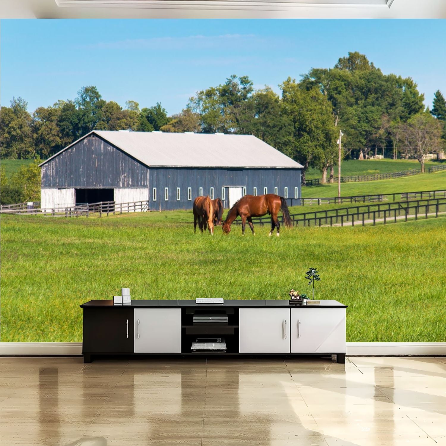 Peel and Stick Canvas Wallpaper Wall Mural Green pastures horse farms ...