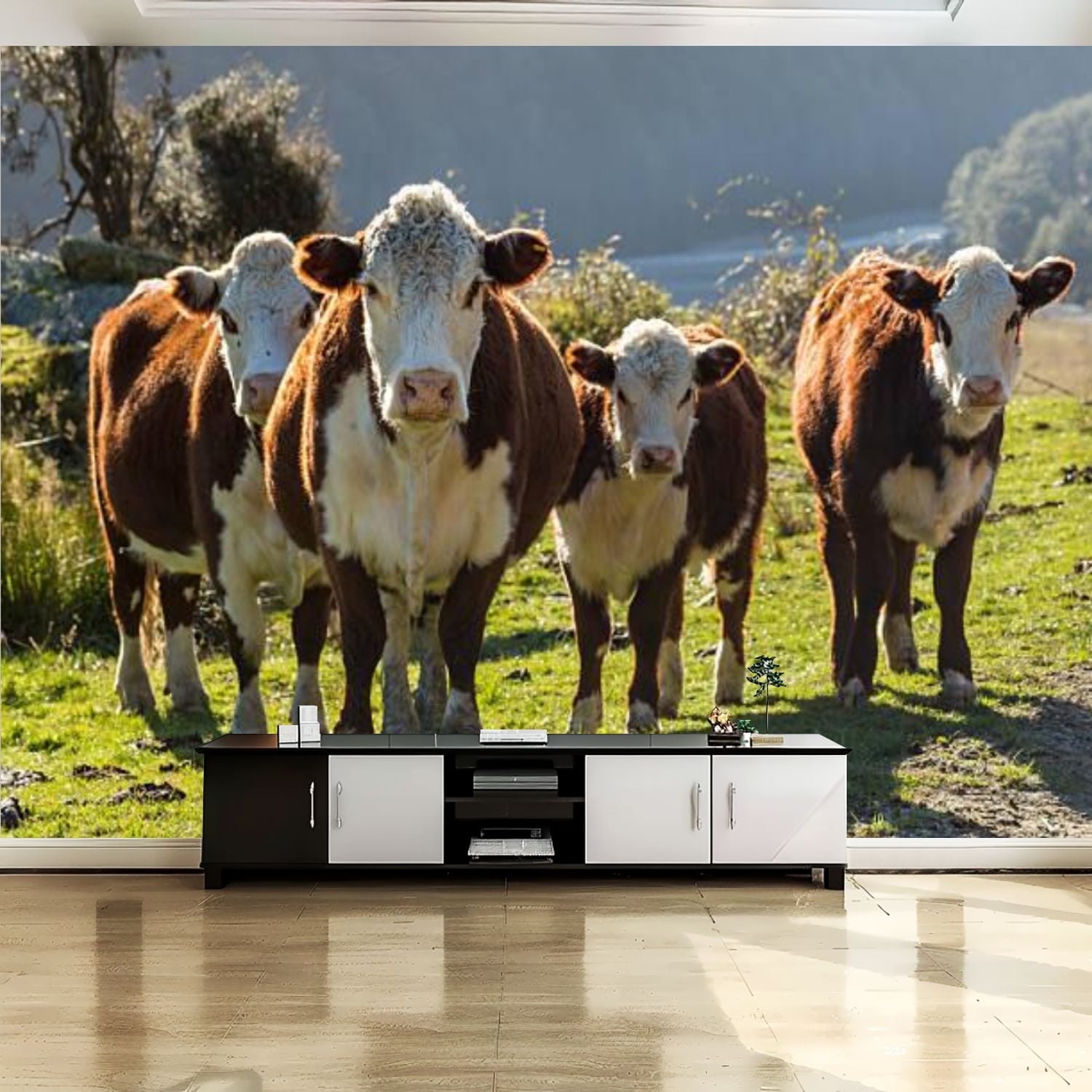 Peel and Stick Canvas Wallpaper Wall Mural Hereford Cows Pasture ...
