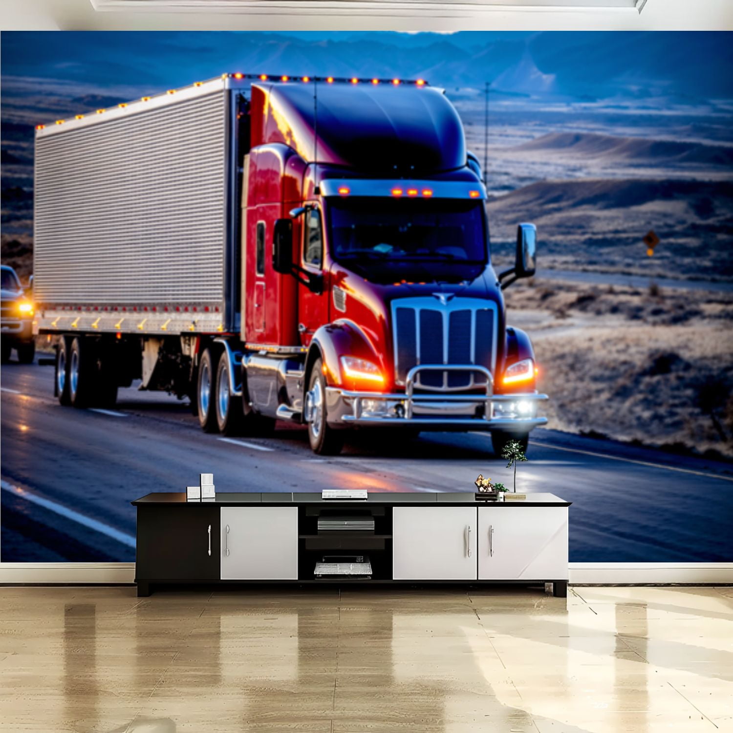 Peel and Stick Canvas Wallpaper Wall Mural Long Haul Semi Truck Rolling ...