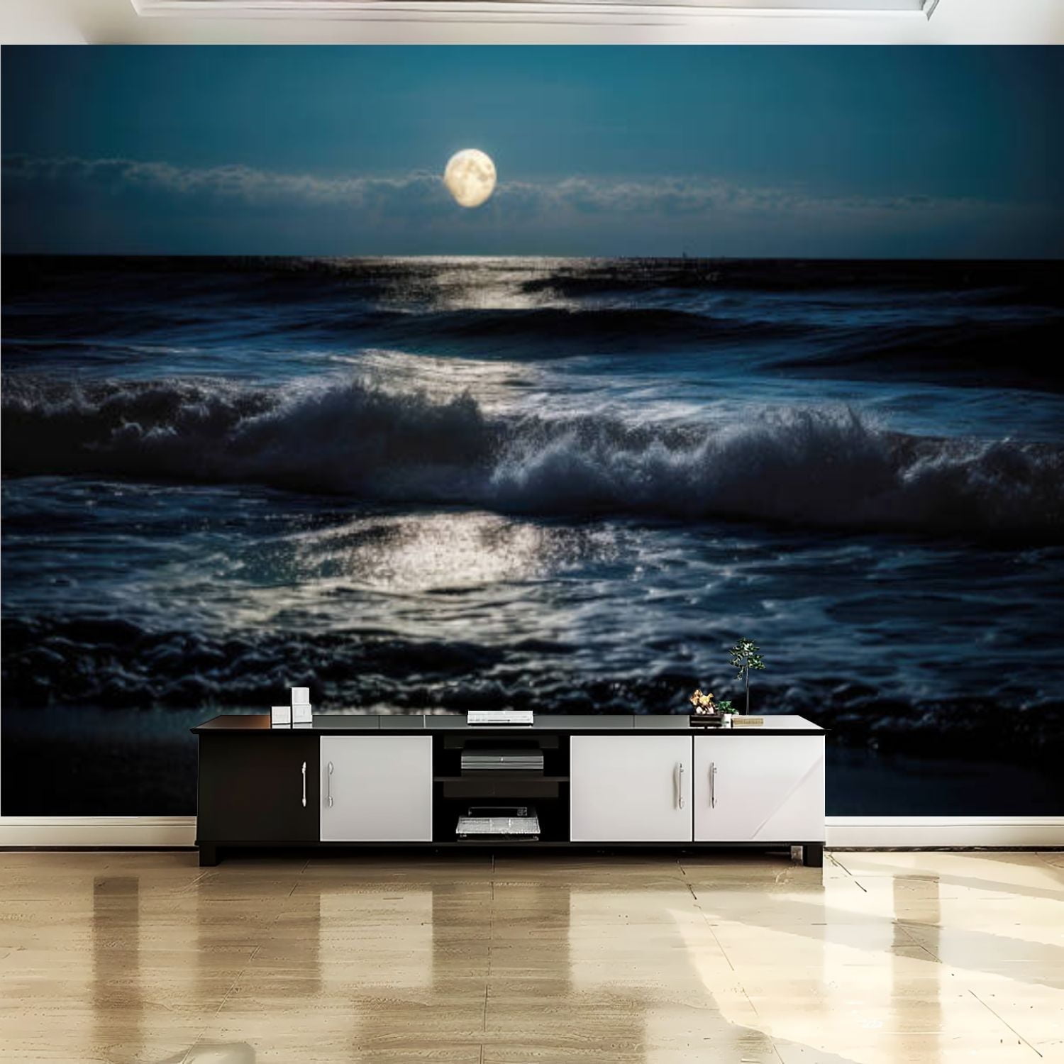 Peel and Stick Canvas Wallpaper Wall Mural Moon sea night close up ...