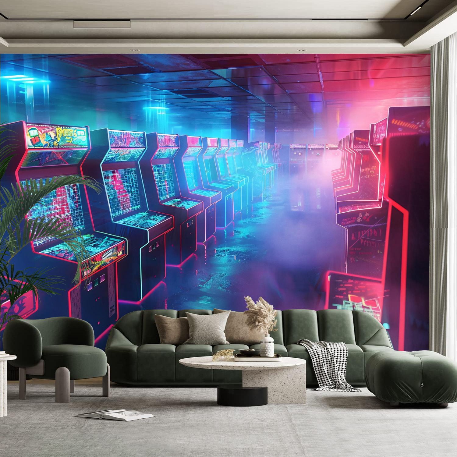 Peel and Stick Canvas Wallpaper Wall Mural Neon Retro Arcade 80s Wall ...