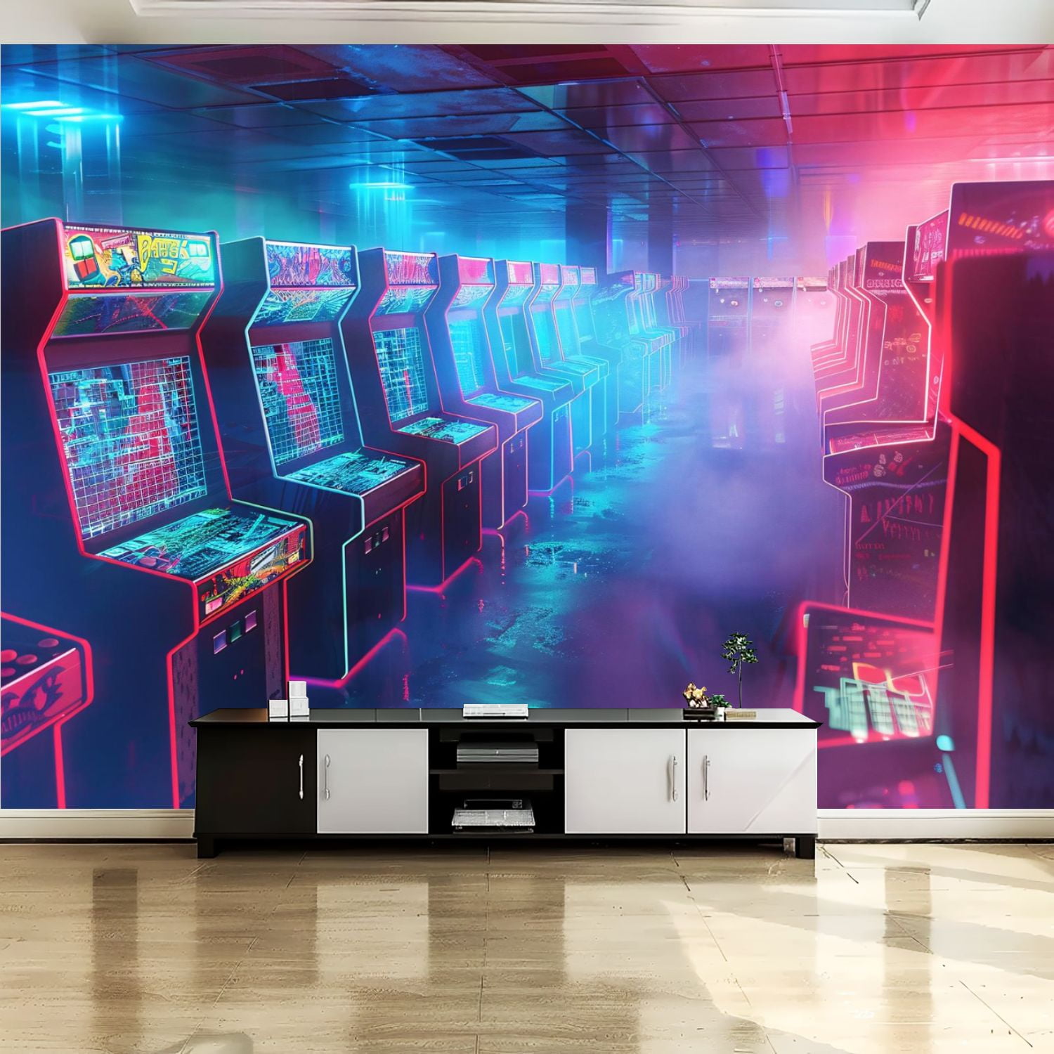 Peel and Stick Canvas Wallpaper Wall Mural Neon Retro Arcade 80s Wall ...