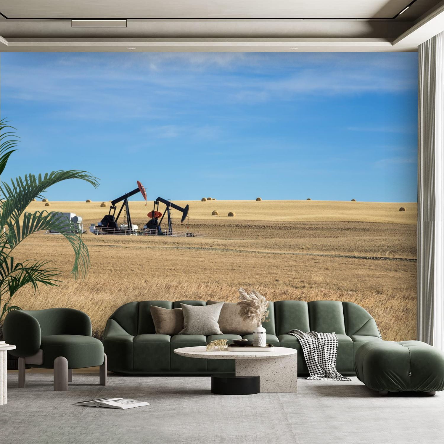 Peel and Stick Canvas Wallpaper Wall Mural Oil pump jacks middle farm ...