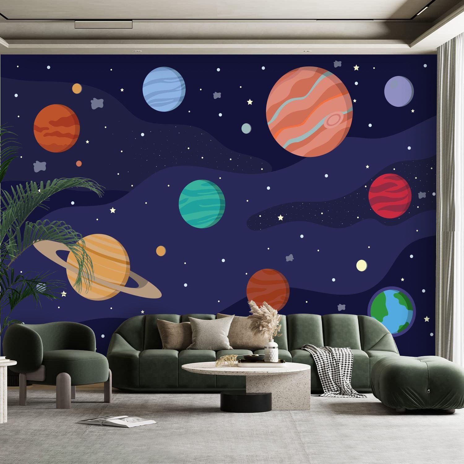 Peel and Stick Canvas Wallpaper Wall Mural Planets space stars cartoon ...
