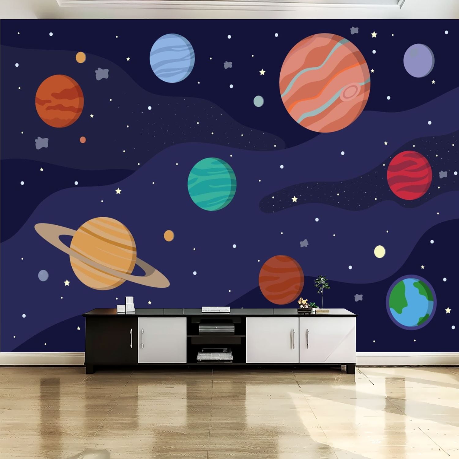 Peel and Stick Canvas Wallpaper Wall Mural Planets space stars cartoon ...